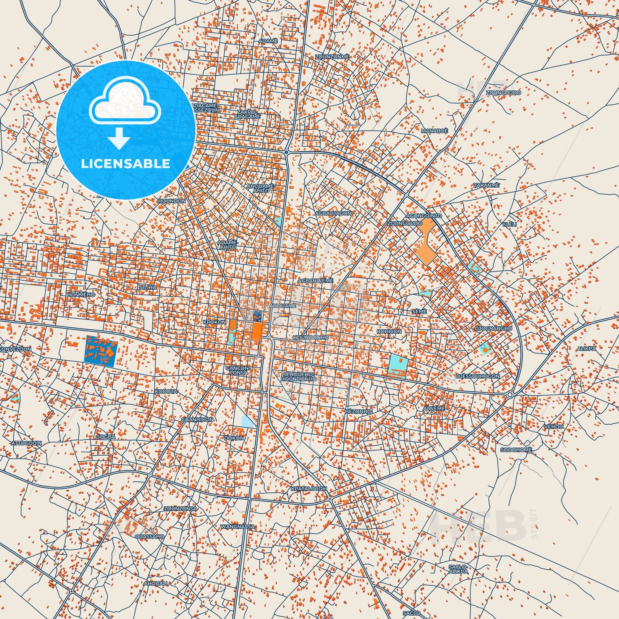 Colorful Bohicon Street Map With Labels And Buildings – HEBSTREITS