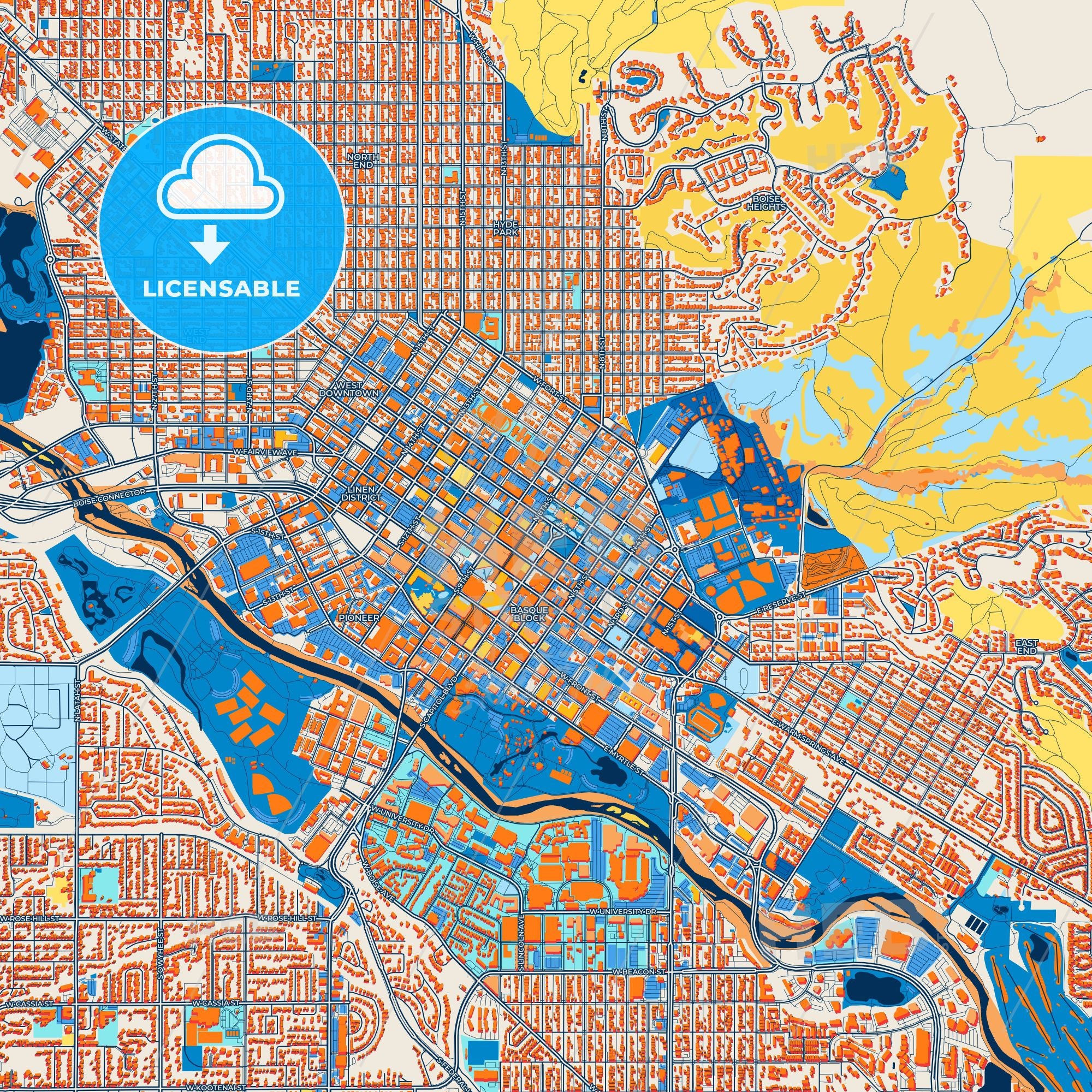 Colorful Boise Street Map With Labels And Buildings – HEBSTREITS