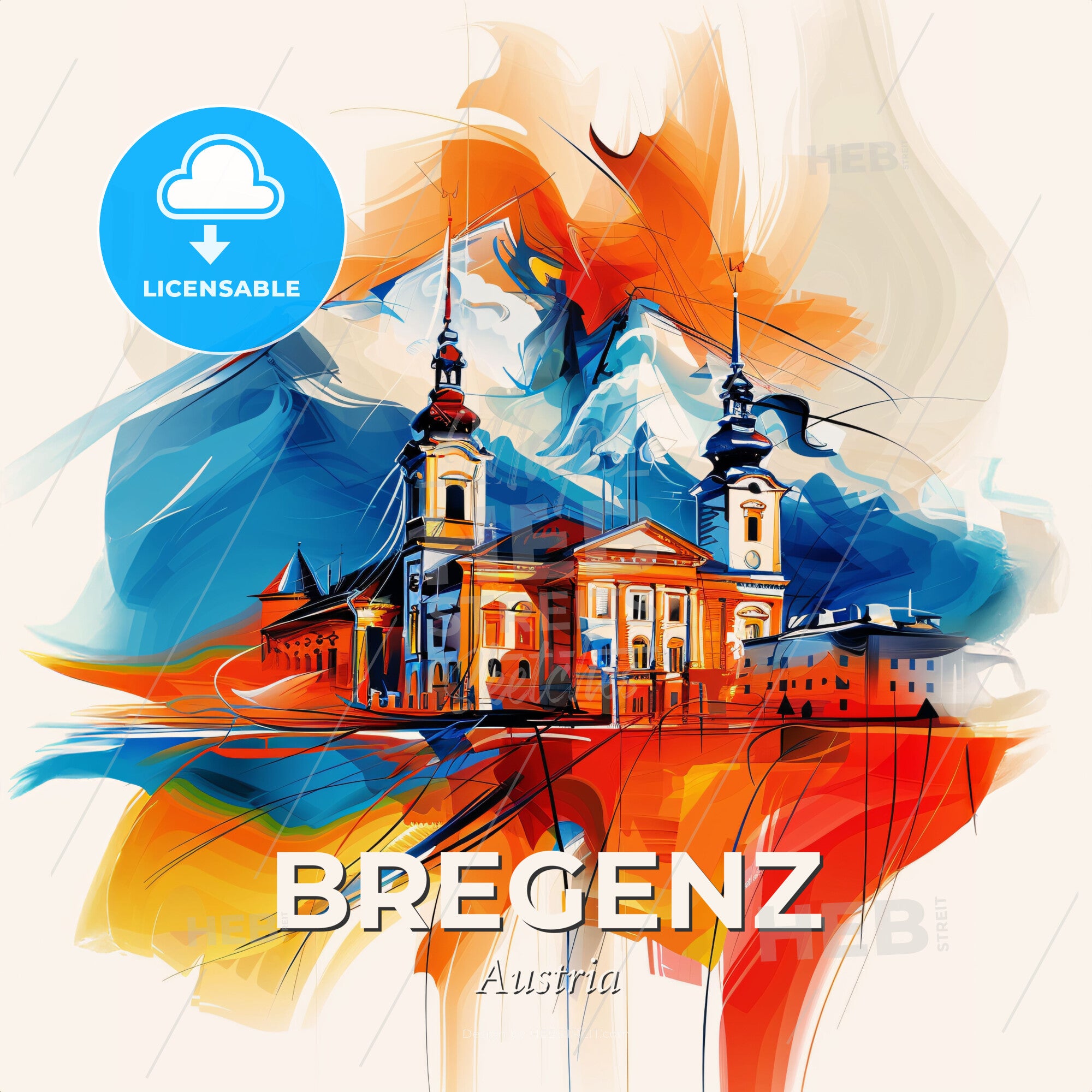 Vibrant Bregenz, Austria - A Painting Of A Building With A Mountain In ...