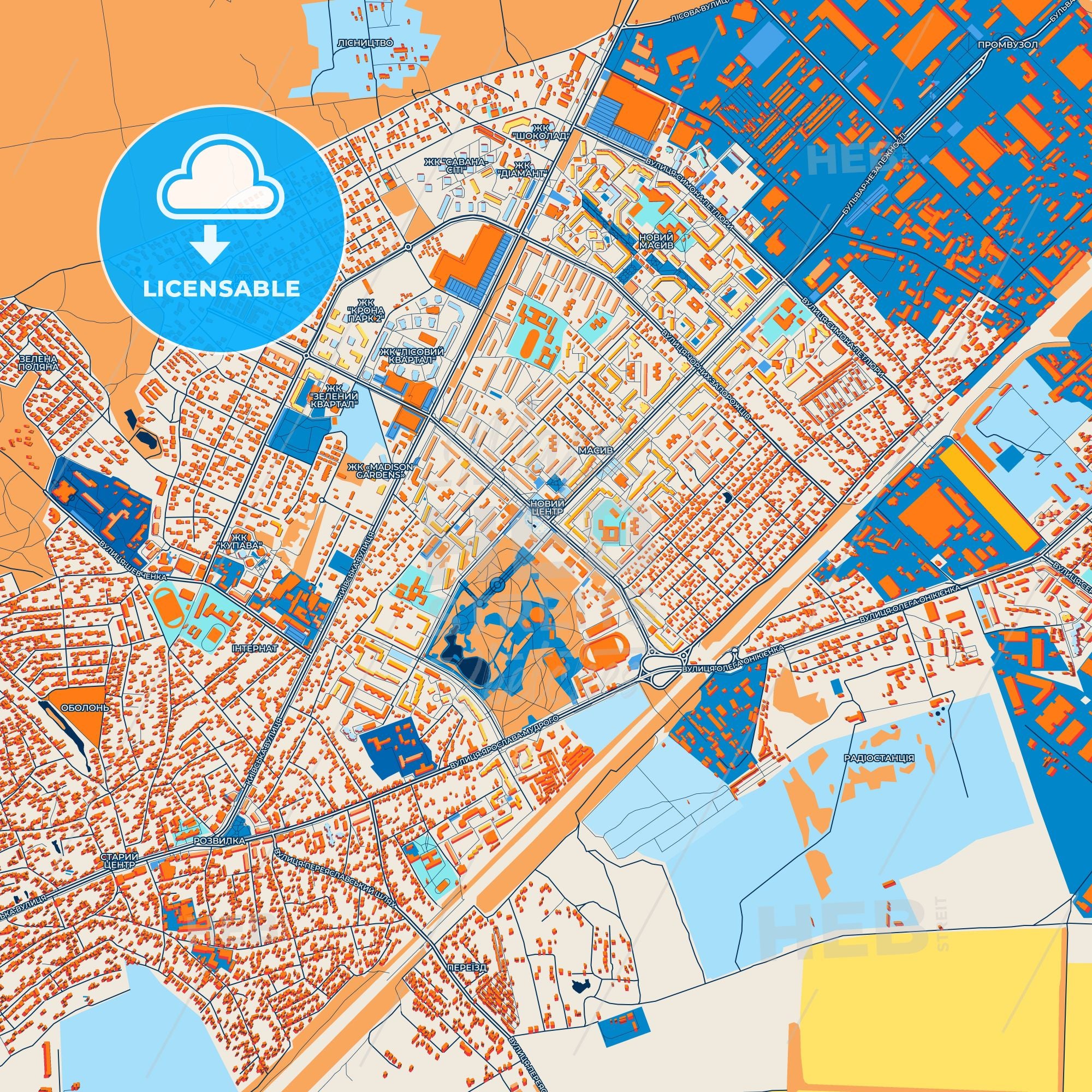 Colorful Brovary Street Map With Labels And Buildings – HEBSTREITS