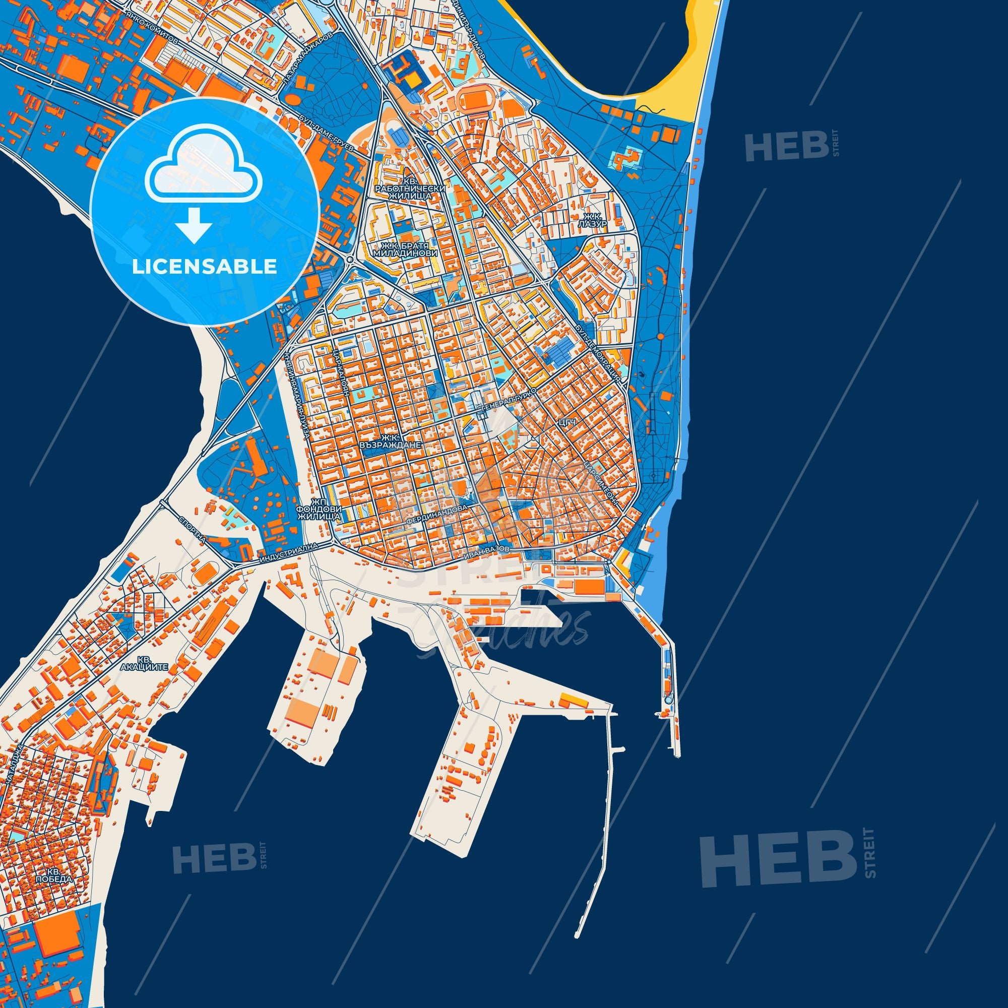 Colorful Burgas Street Map With Labels And Buildings – HEBSTREITS