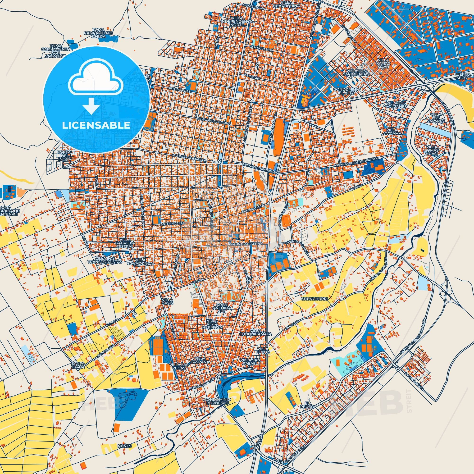 Colorful Calama Street Map With Labels And Buildings – HEBSTREITS