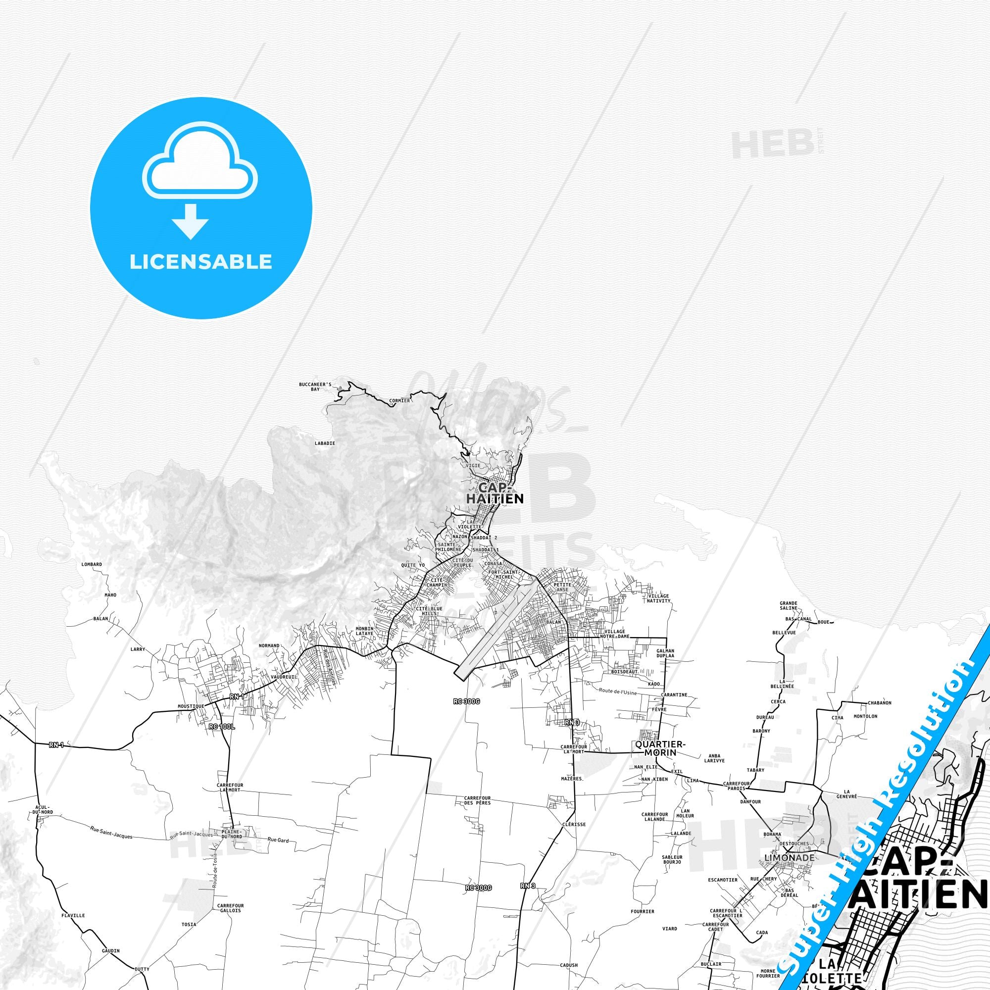 Cap-Haïtien, Haiti light map with streetnames, citynames and districts ...