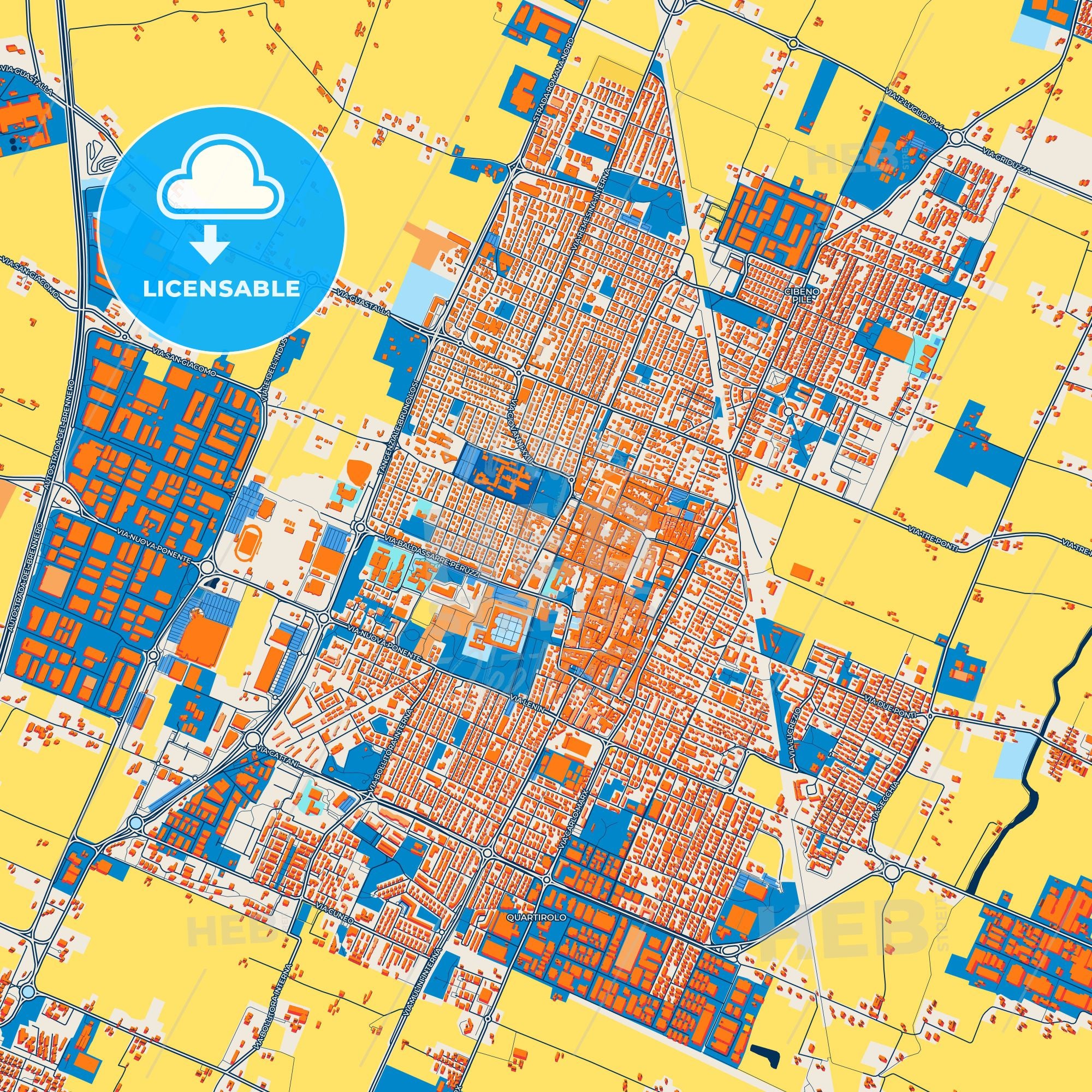 Colorful Carpi Street Map With Labels And Buildings – HEBSTREITS