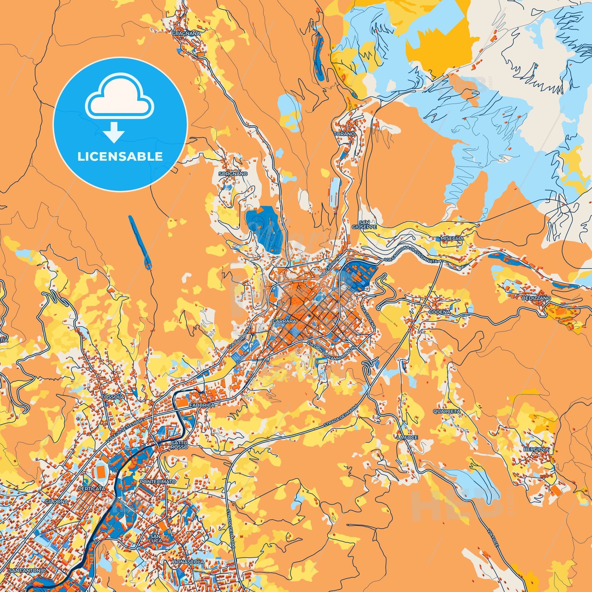 Colorful Carrara Street Map With Labels And Buildings – HEBSTREITS