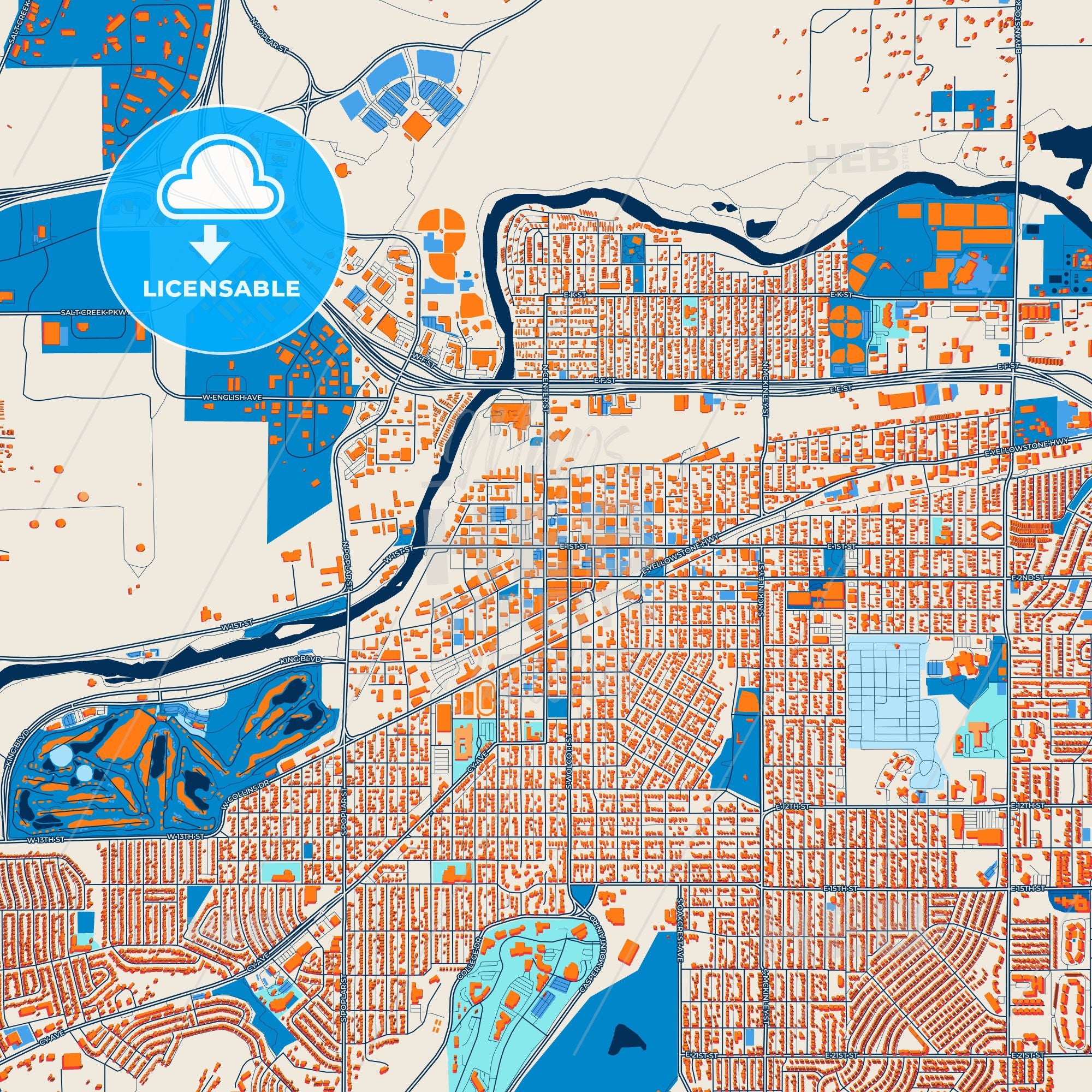 Colorful Casper Street Map With Labels And Buildings – HEBSTREITS