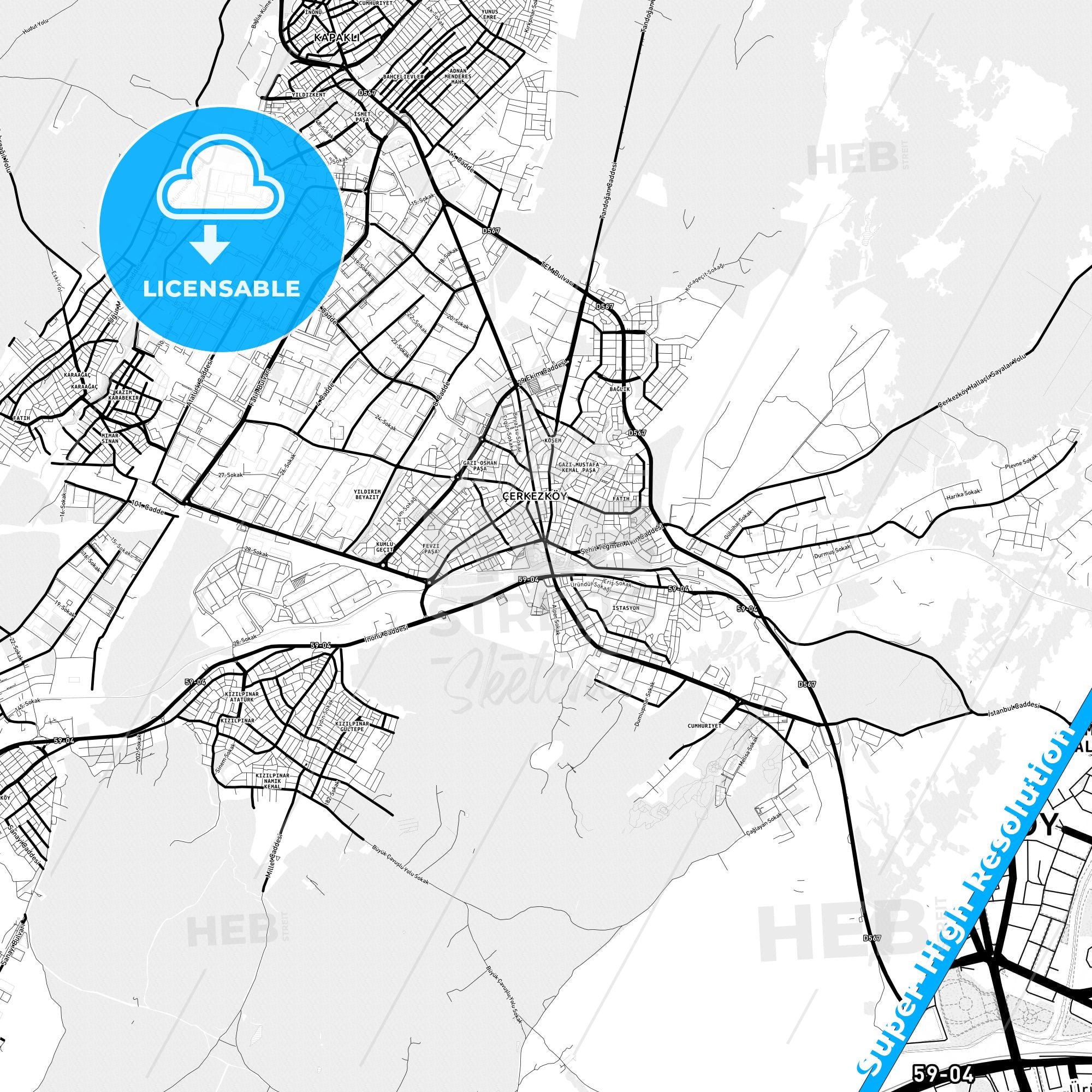 Çerkezköy, Turkey Light Map With Street Names, City Names, And ...