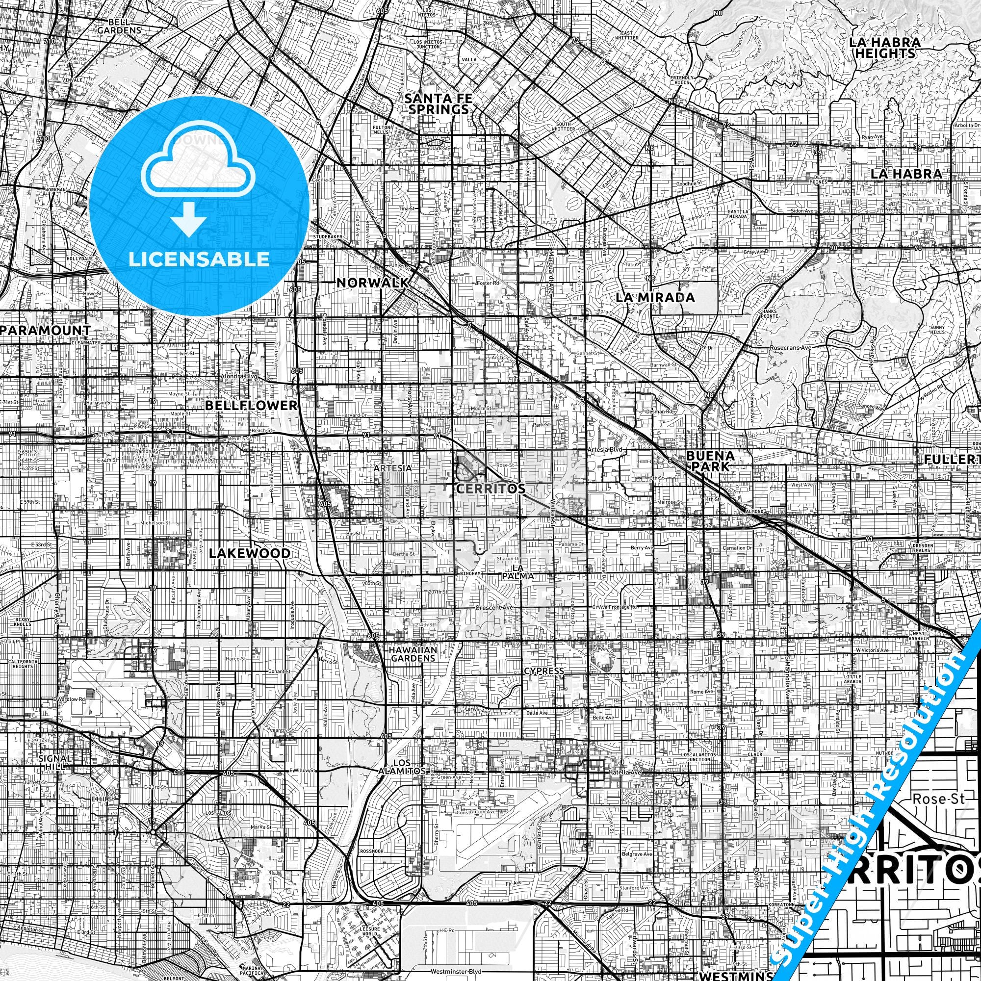 Cerritos, California light map with streetnames, citynames and ...