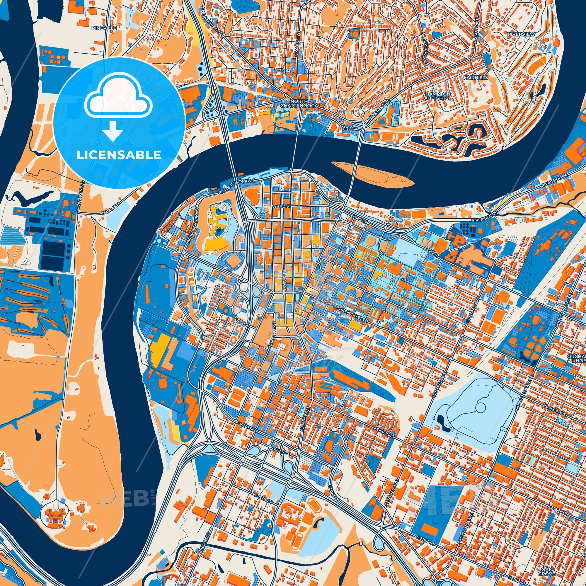 Colorful Chattanooga Street Map With Labels And Buildings – HEBSTREITS