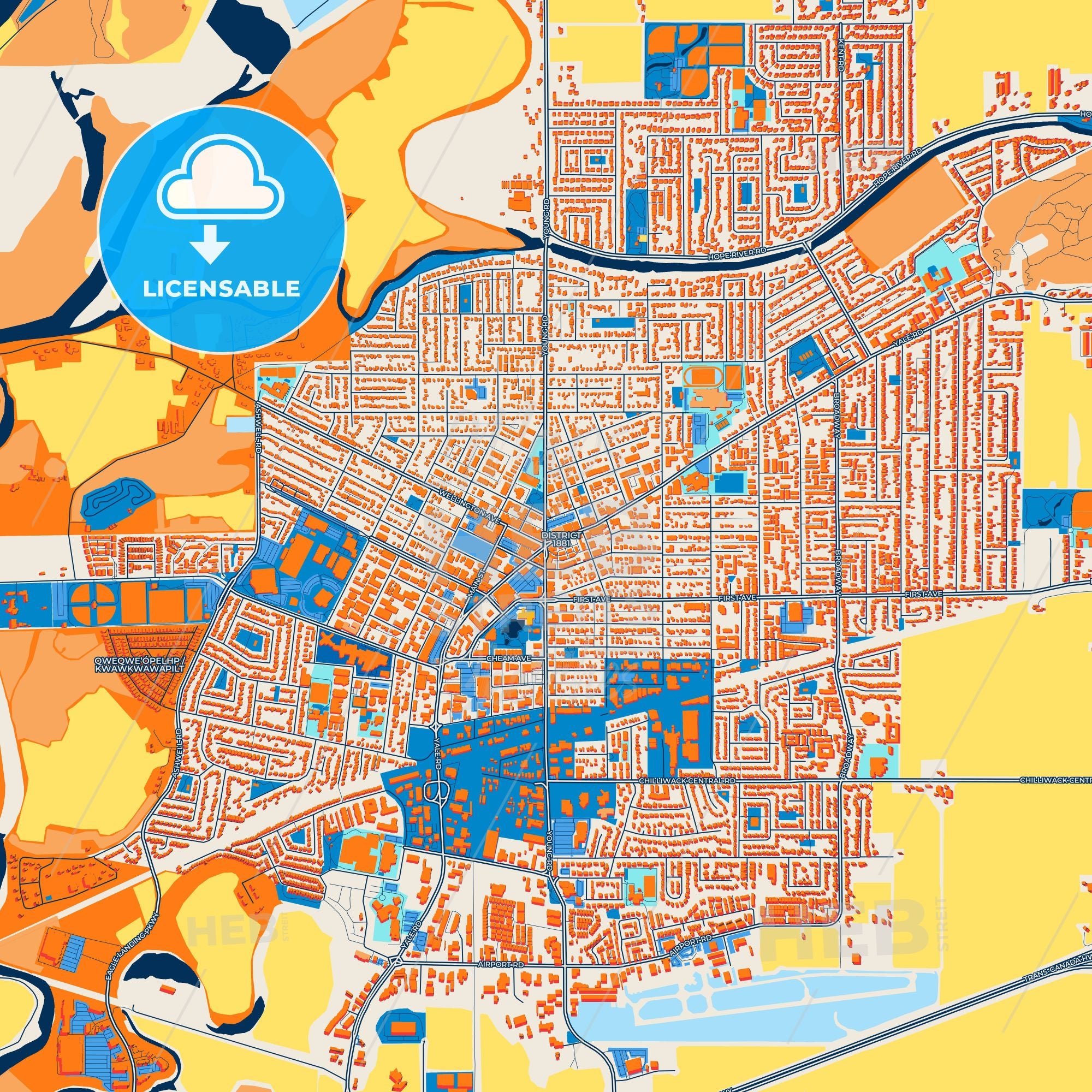 Colorful Chilliwack Street Map With Labels And Buildings – HEBSTREITS