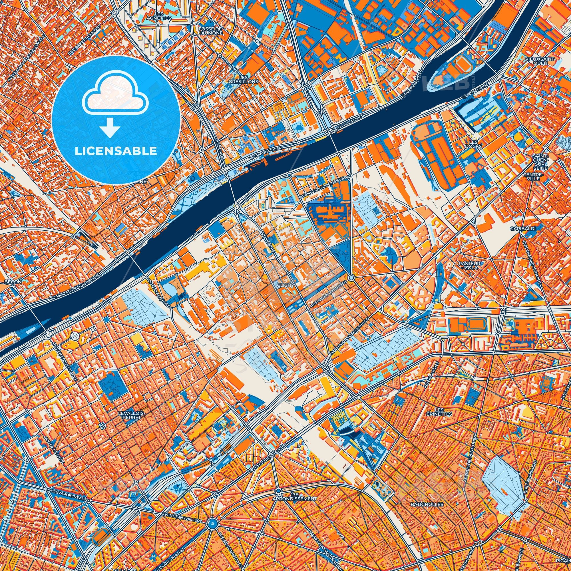 Colorful Clichy Street Map With Labels And Buildings – HEBSTREITS