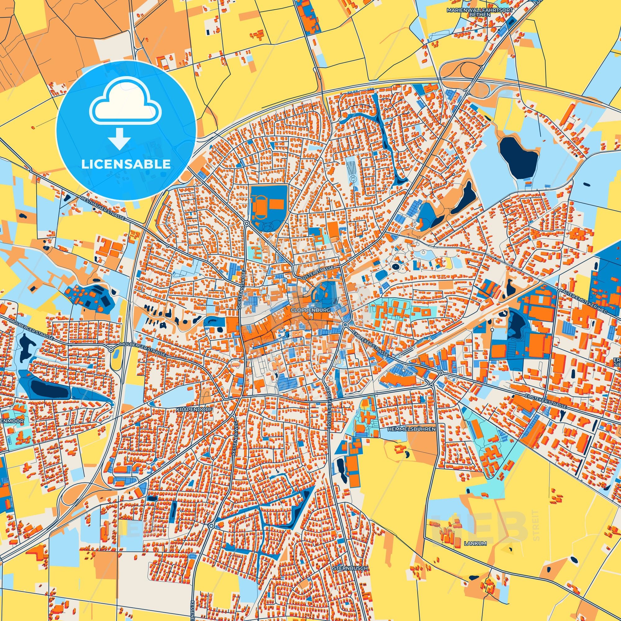 Colorful Cloppenburg Street Map With Labels And Buildings – HEBSTREITS