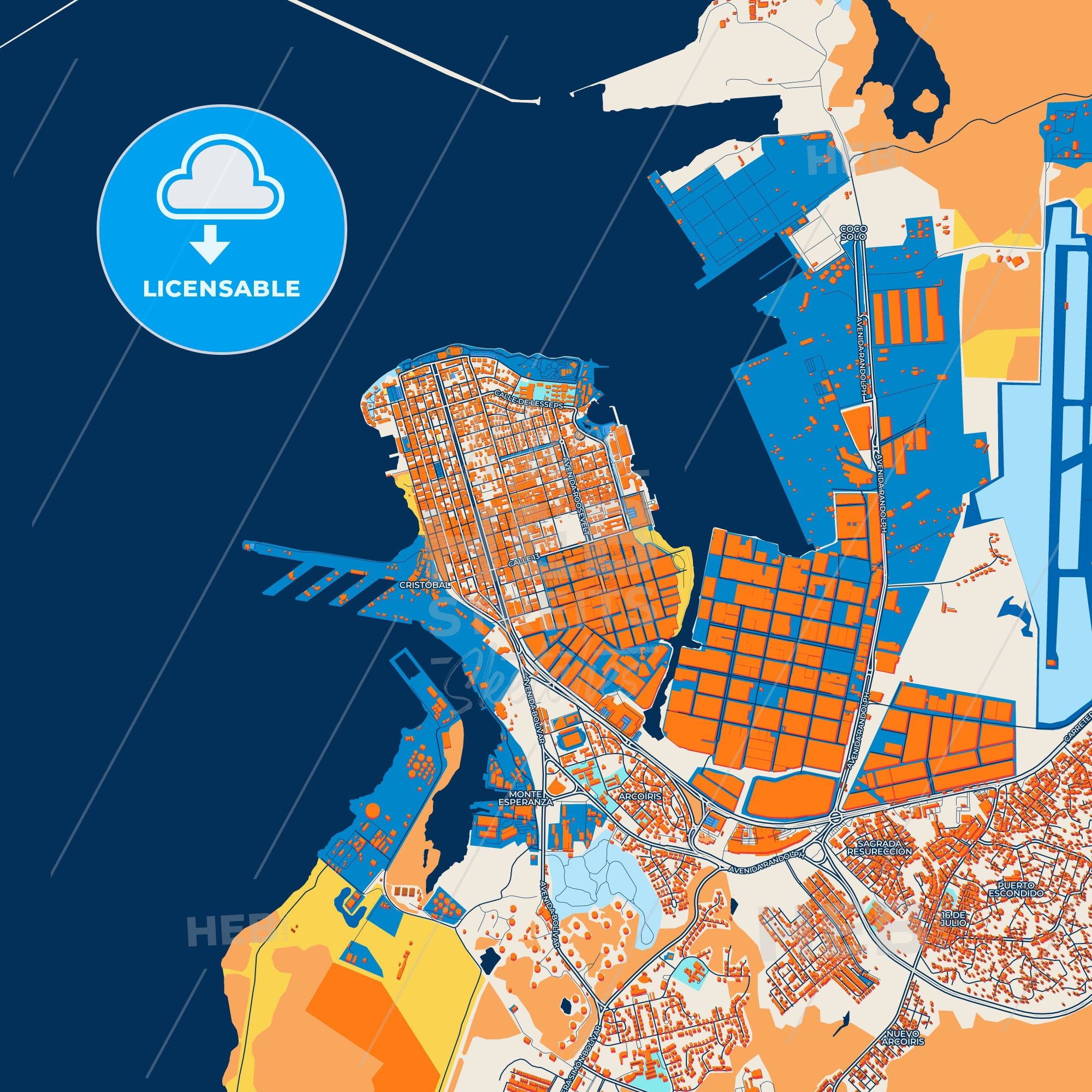 Colorful Colón Street Map With Labels And Buildings – HEBSTREITS