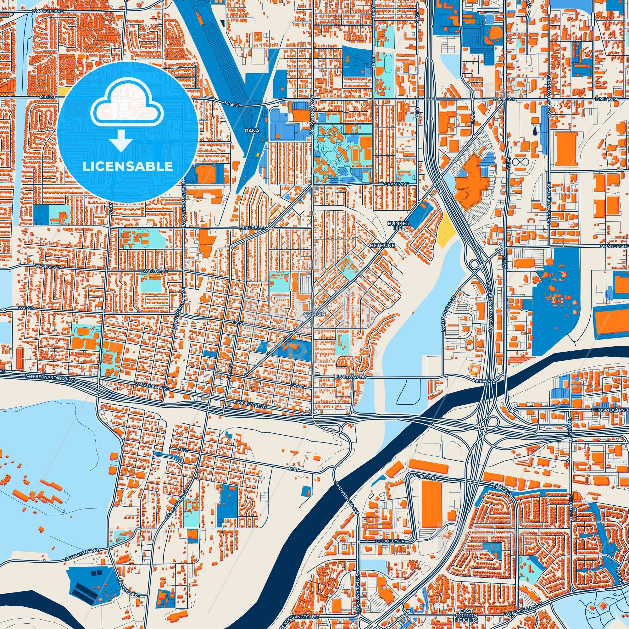 Colorful Colton Street Map With Labels And Buildings – HEBSTREITS