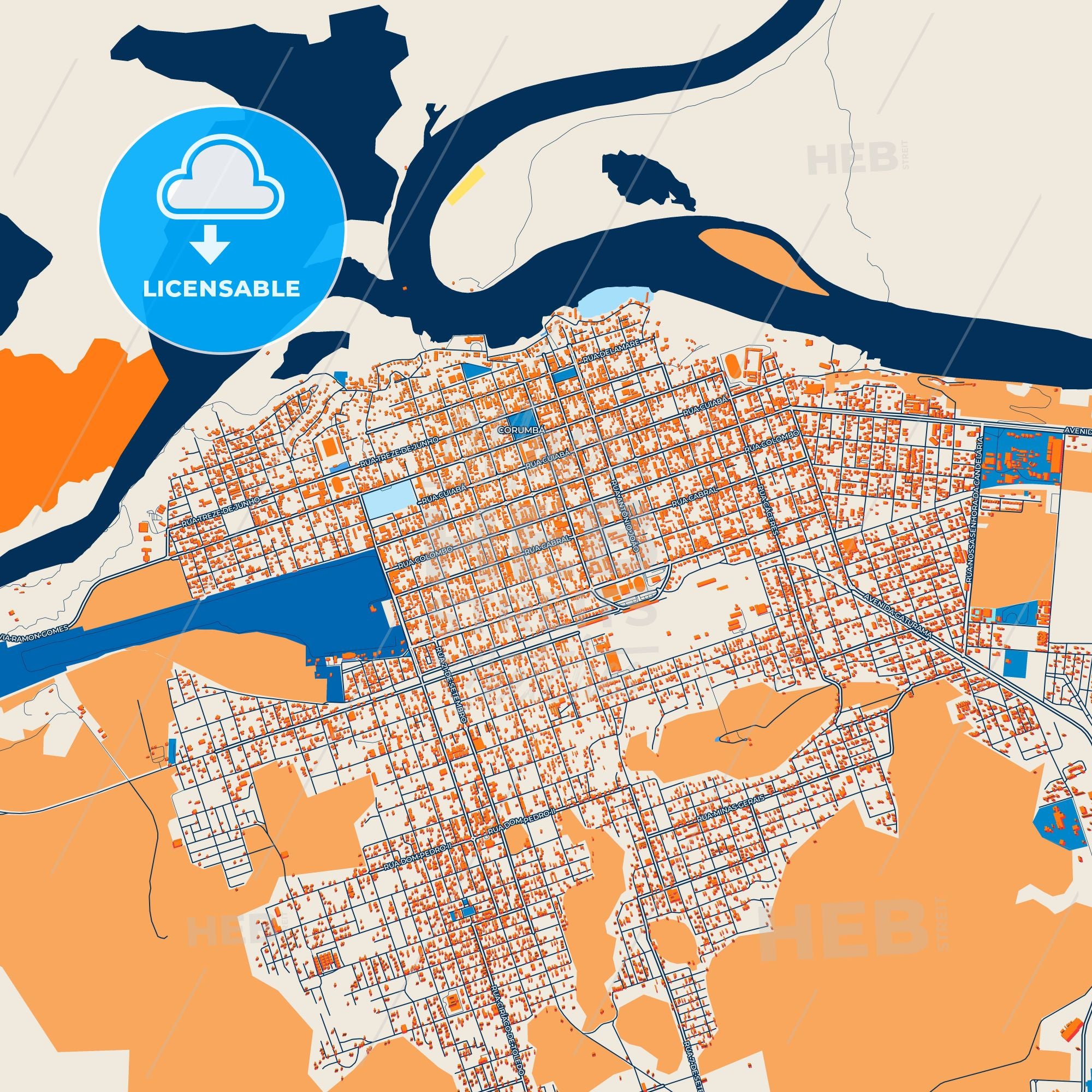 Colorful Corumba Street Map With Labels And Buildings – HEBSTREITS