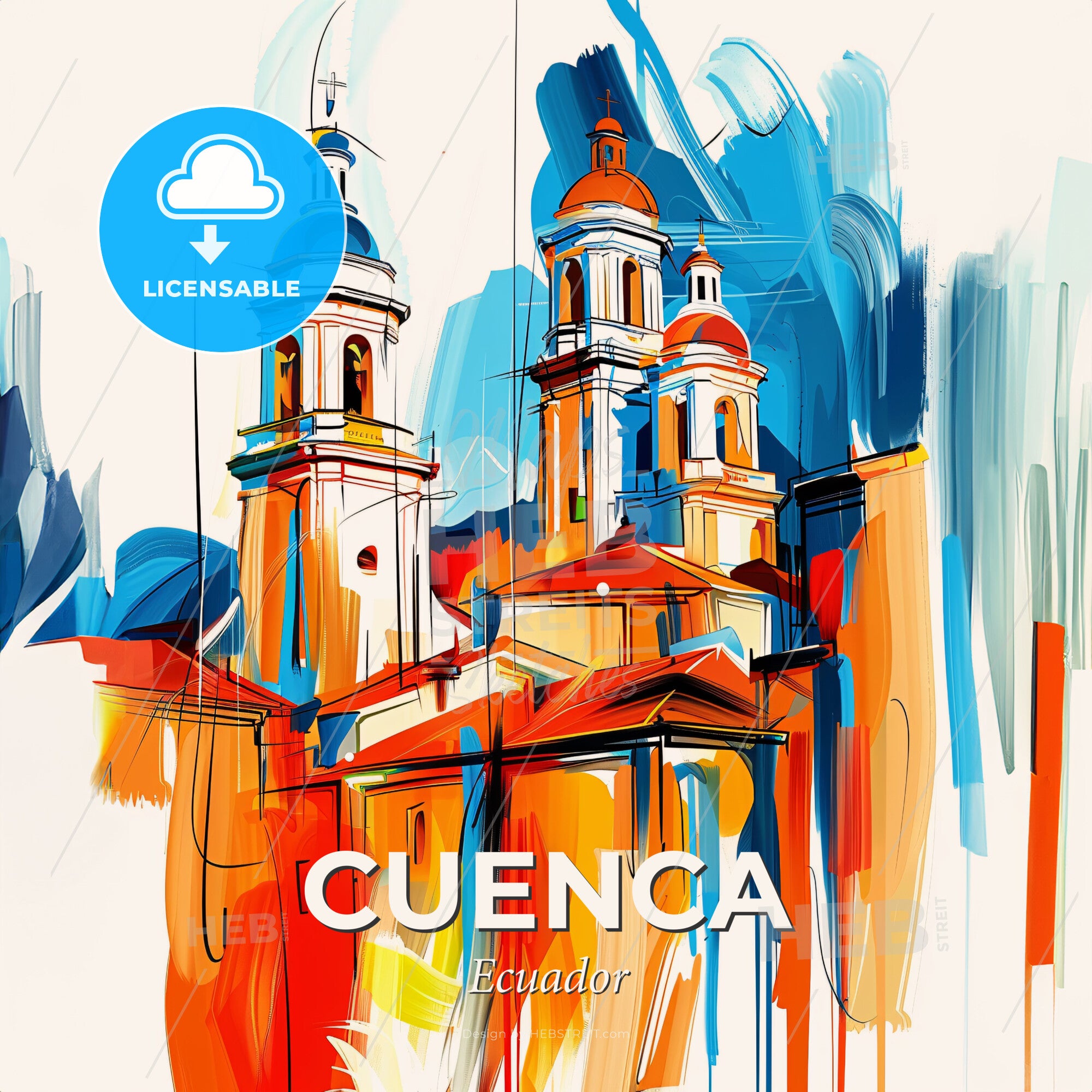 Vibrant Cuenca, Ecuador - A Painting Of A Building With Towers – HEBSTREITS