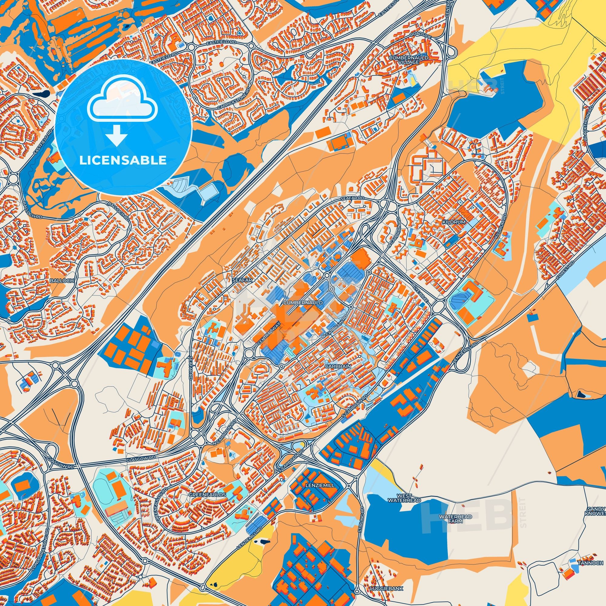 Colorful Cumbernauld Street Map With Labels And Buildings – HEBSTREITS