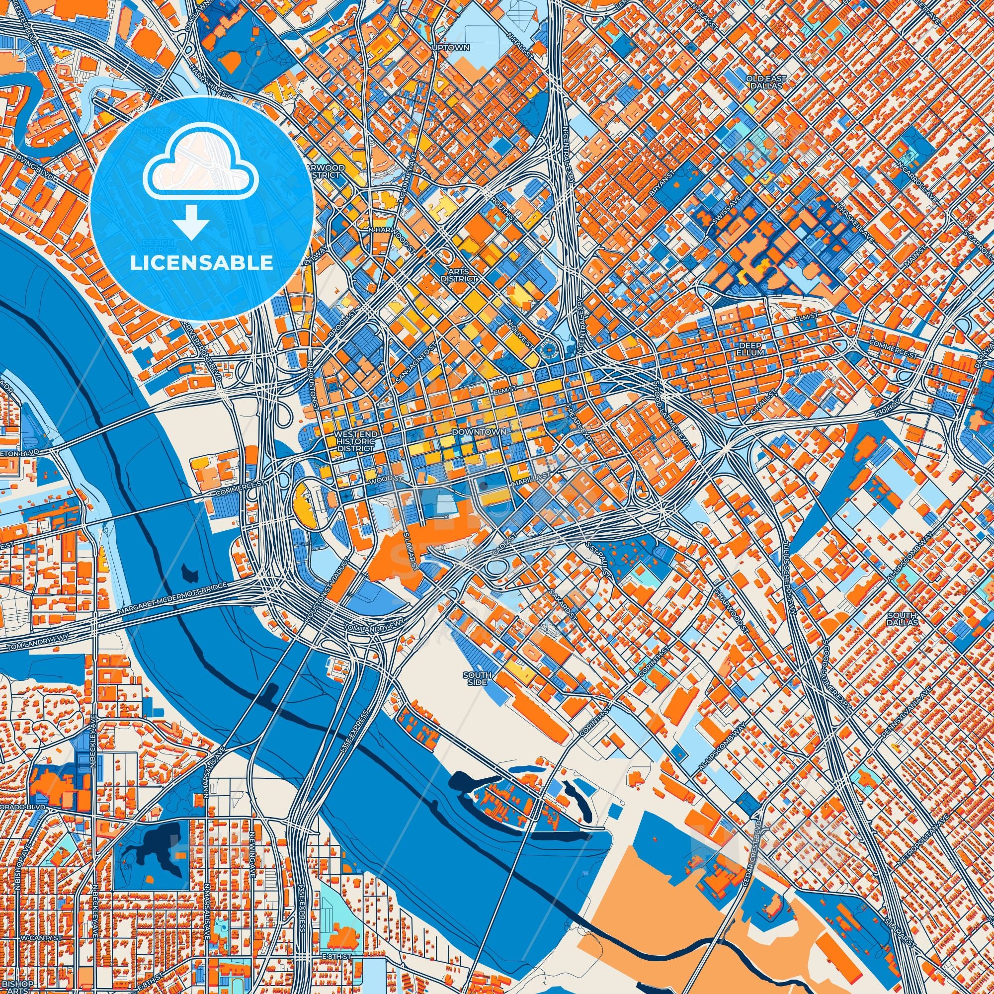Colorful Dallas Street Map With Labels And Buildings – HEBSTREITS