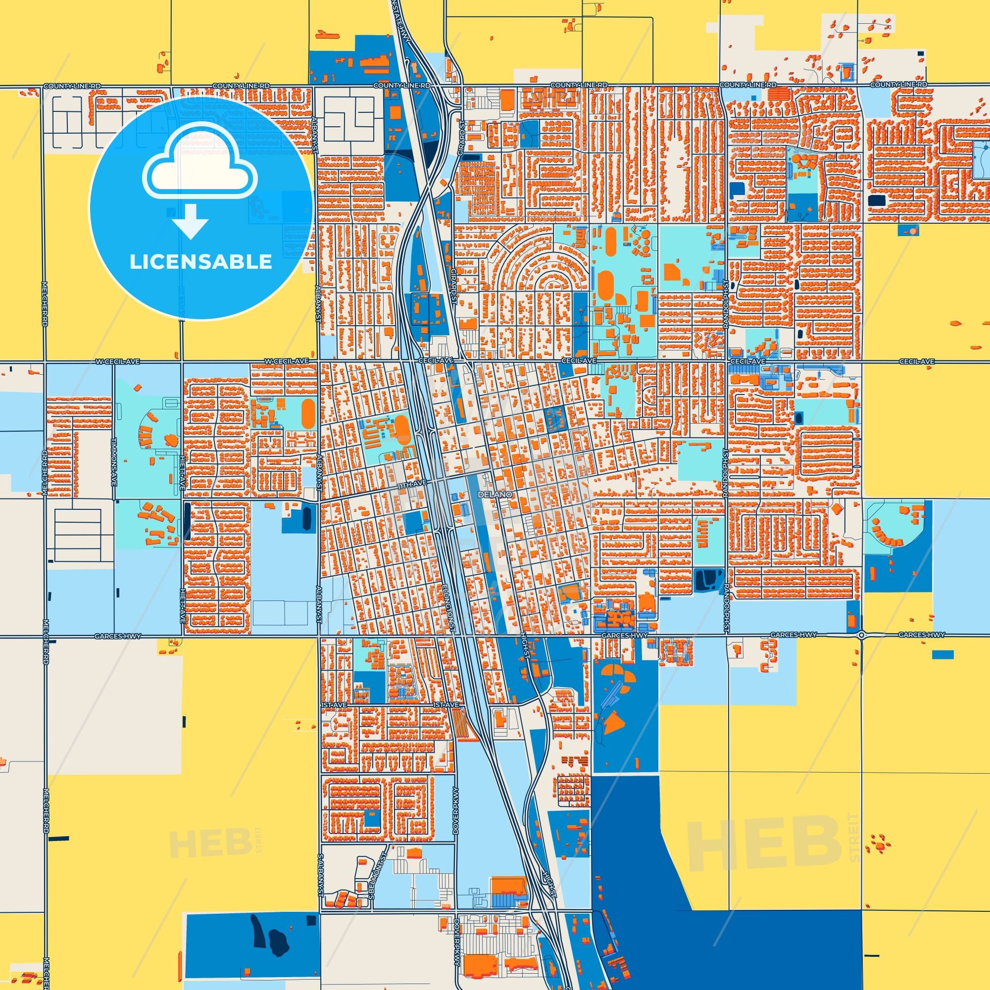 Colorful Delano Street Map With Labels And Buildings – HEBSTREITS