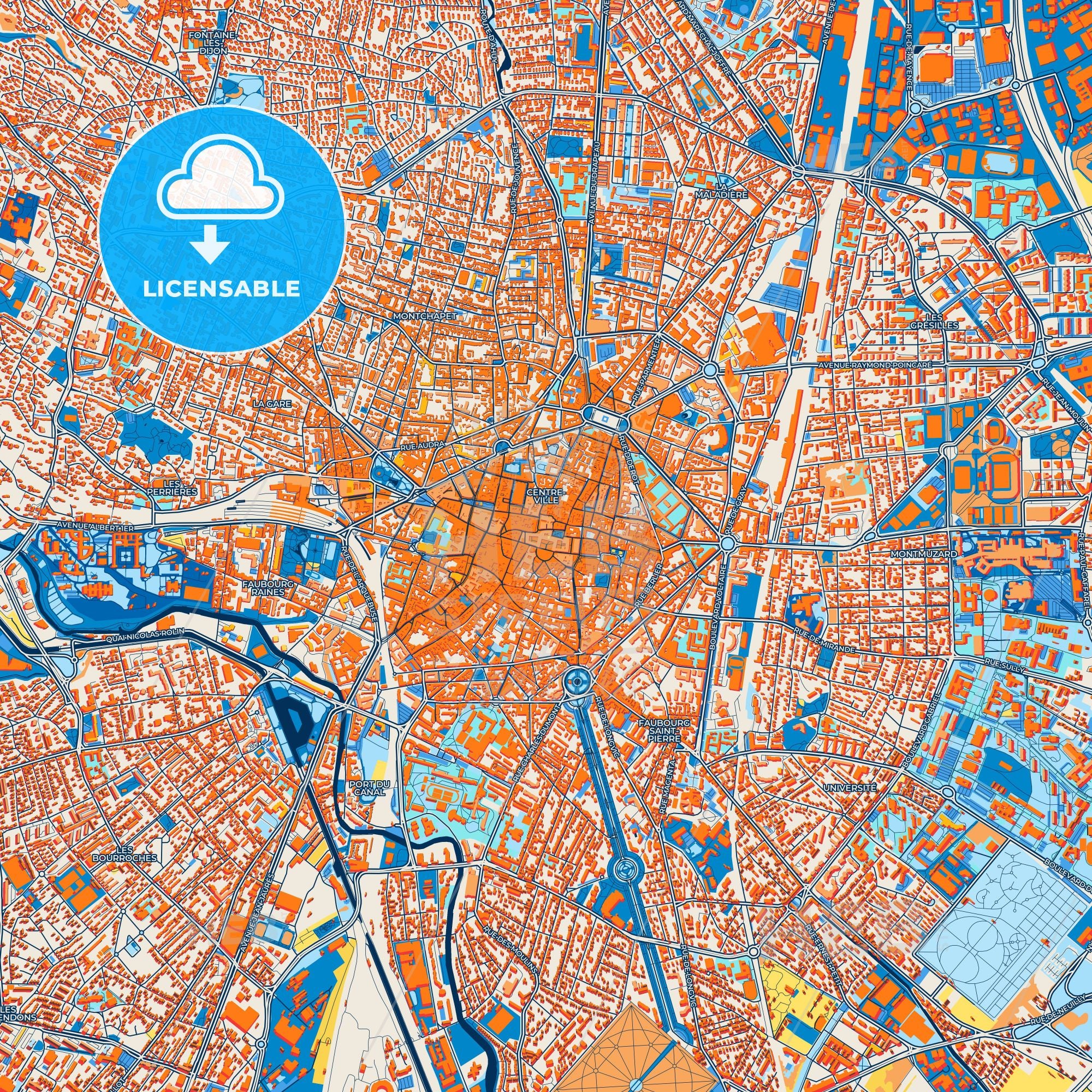 Colorful Dijon Street Map With Labels And Buildings – HEBSTREITS