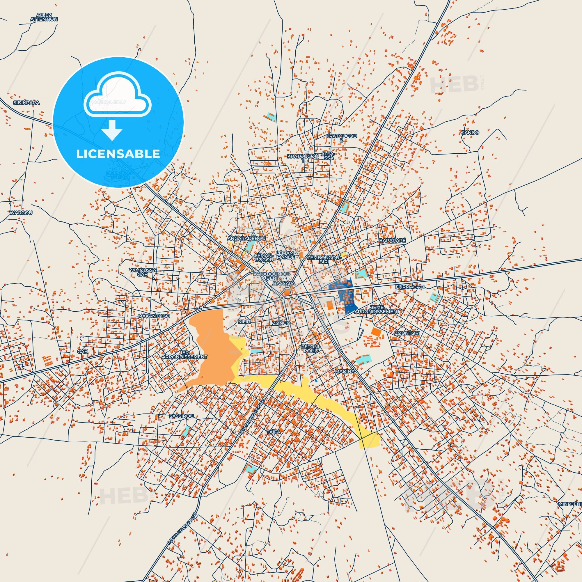 Colorful Djougou Street Map With Labels And Buildings – HEBSTREITS