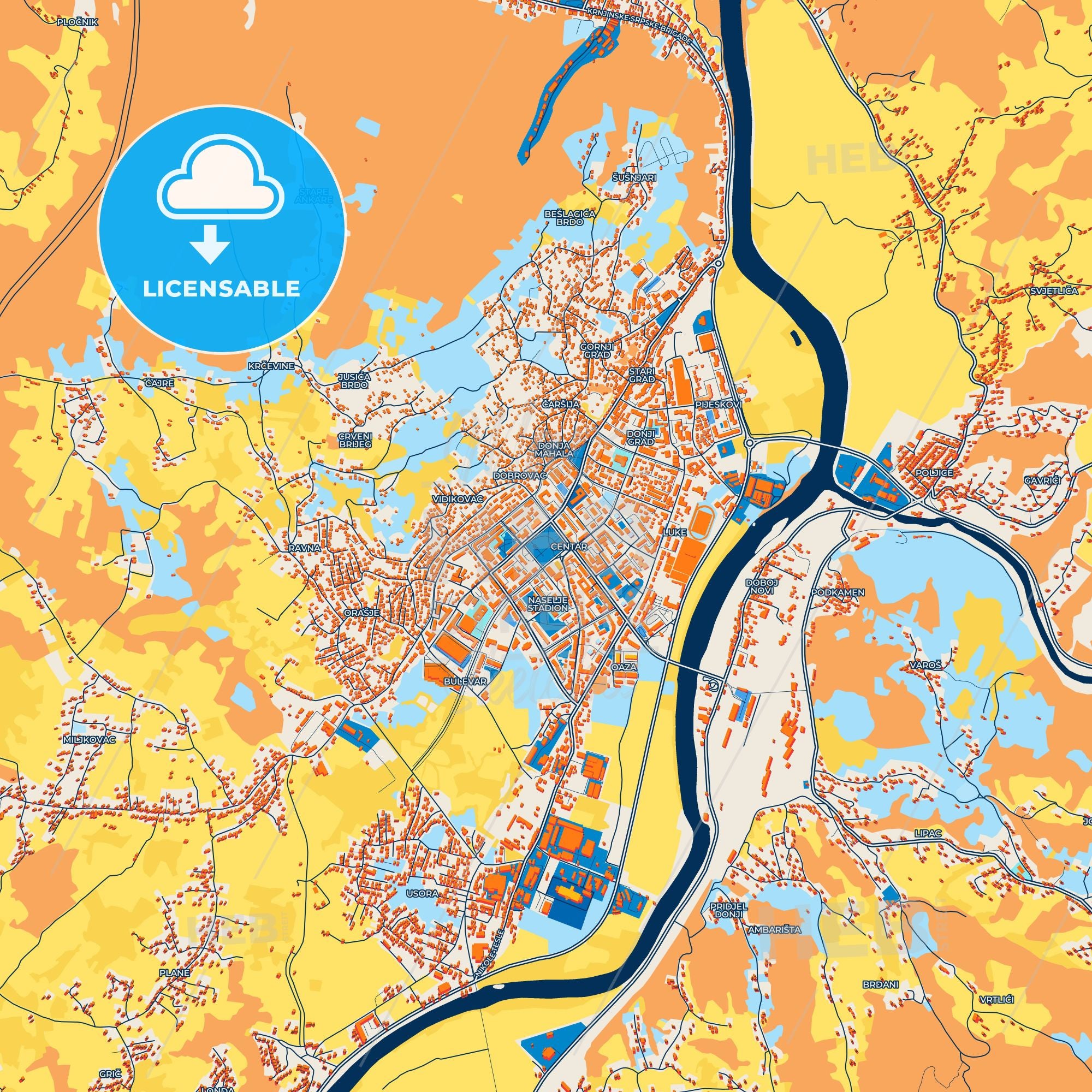 Colorful Doboj Street Map With Labels And Buildings – HEBSTREITS