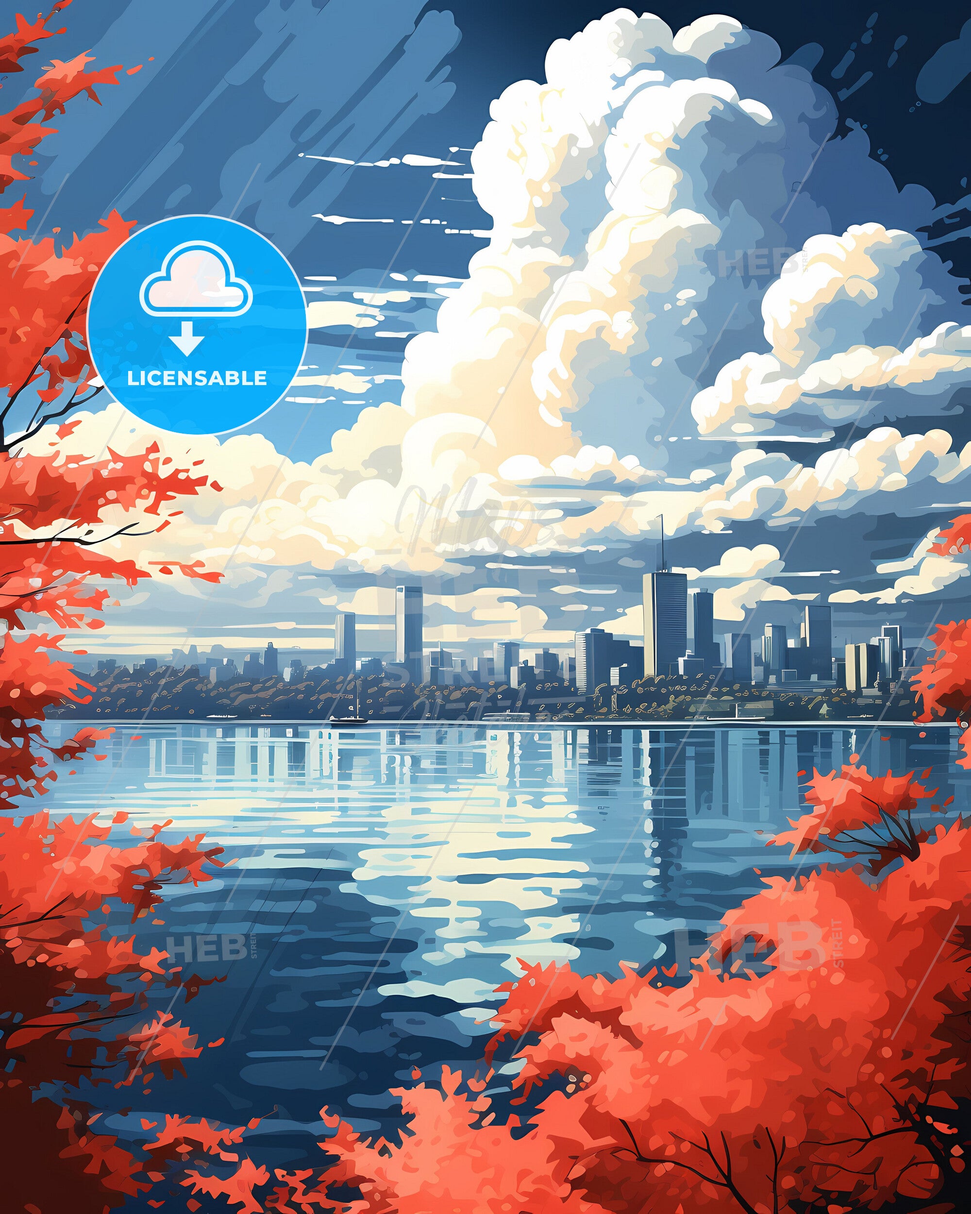 Douala Cameroon City Skyline Red Leaves Water Art Painting Vibrant ...