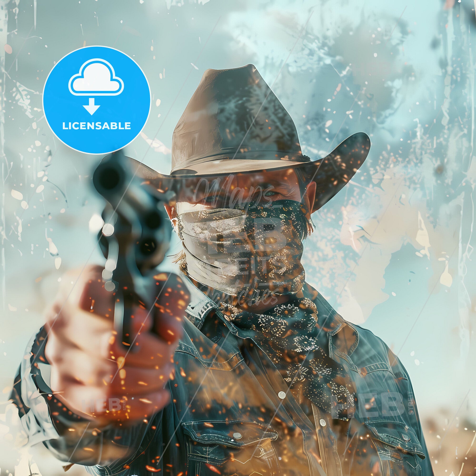Cowboy Points Gun in Atmospheric Perspective Double Exposure Art ...