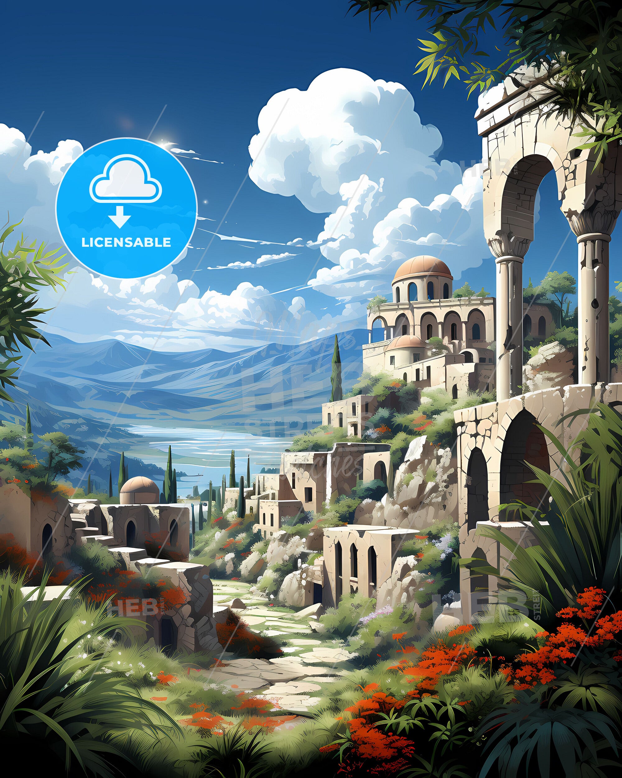 Vibrant Art of Douma Syria Skyline Stone Building Trees Landscape ...