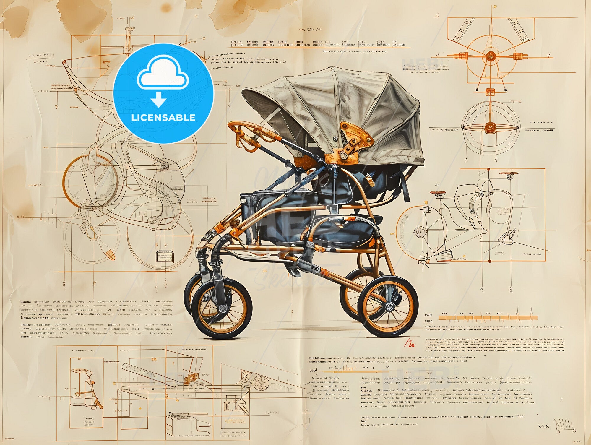 Intricate Ink Sketch Of Medieval Baby Stroller: Detailed Blueprint With ...