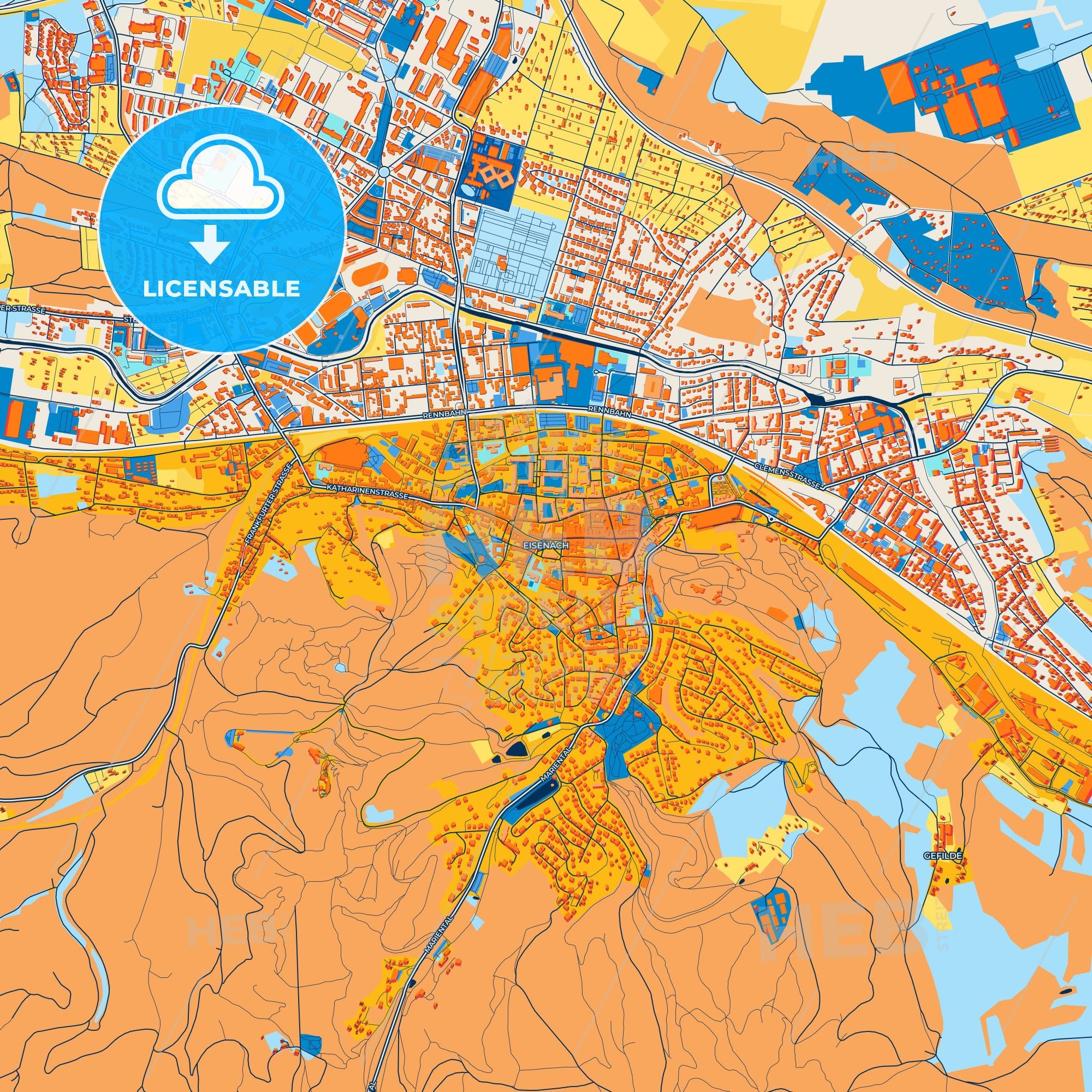 Colorful Eisenach Street Map With Labels And Buildings – HEBSTREITS