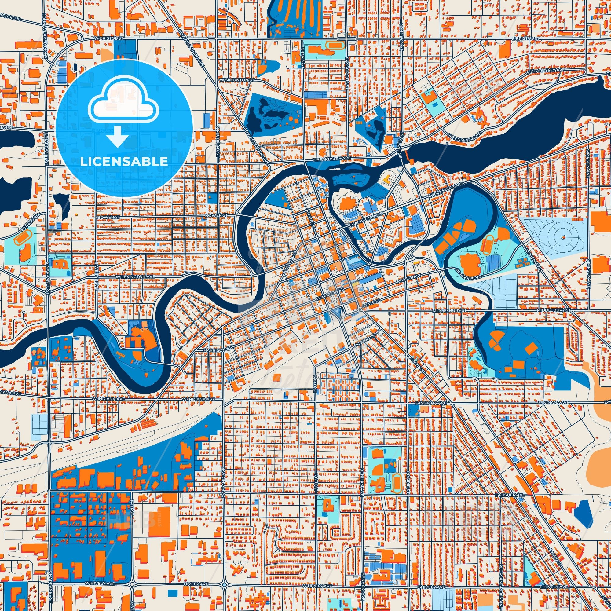 Colorful Elkhart Street Map With Labels And Buildings – HEBSTREITS