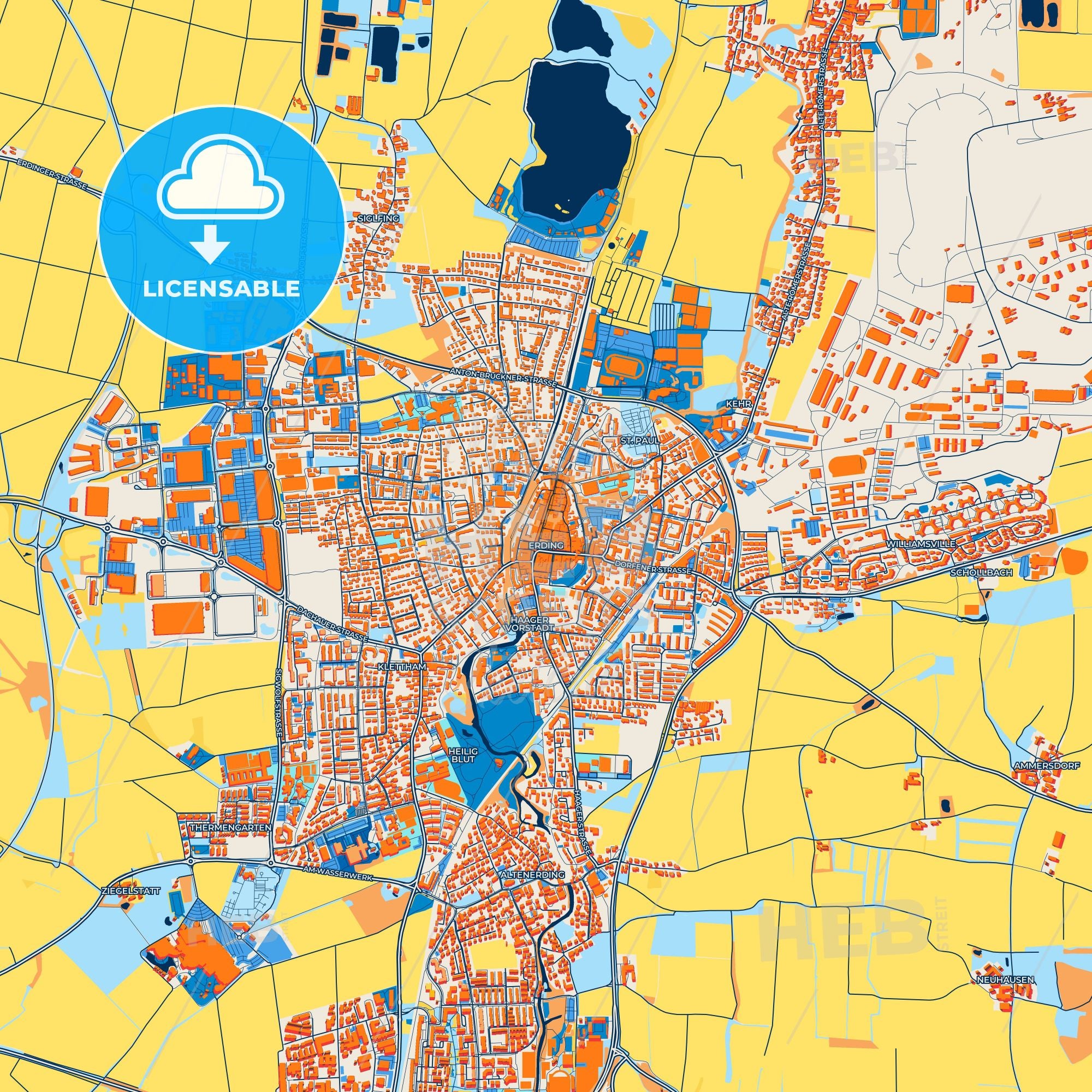 Colorful Erding Street Map With Labels And Buildings – HEBSTREITS