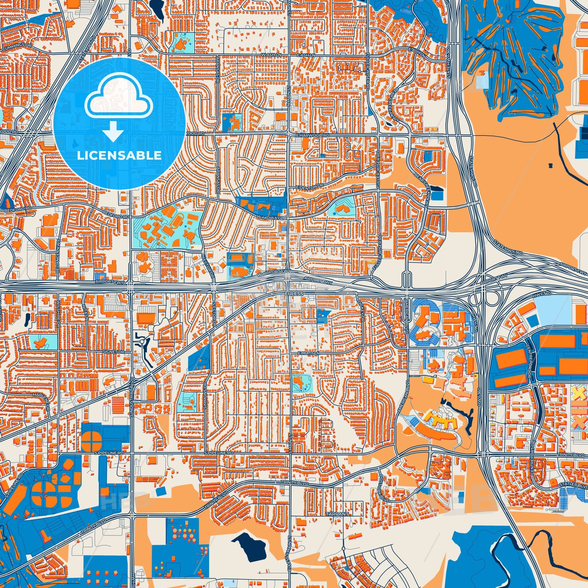 Colorful Euless Street Map With Labels And Buildings – HEBSTREITS