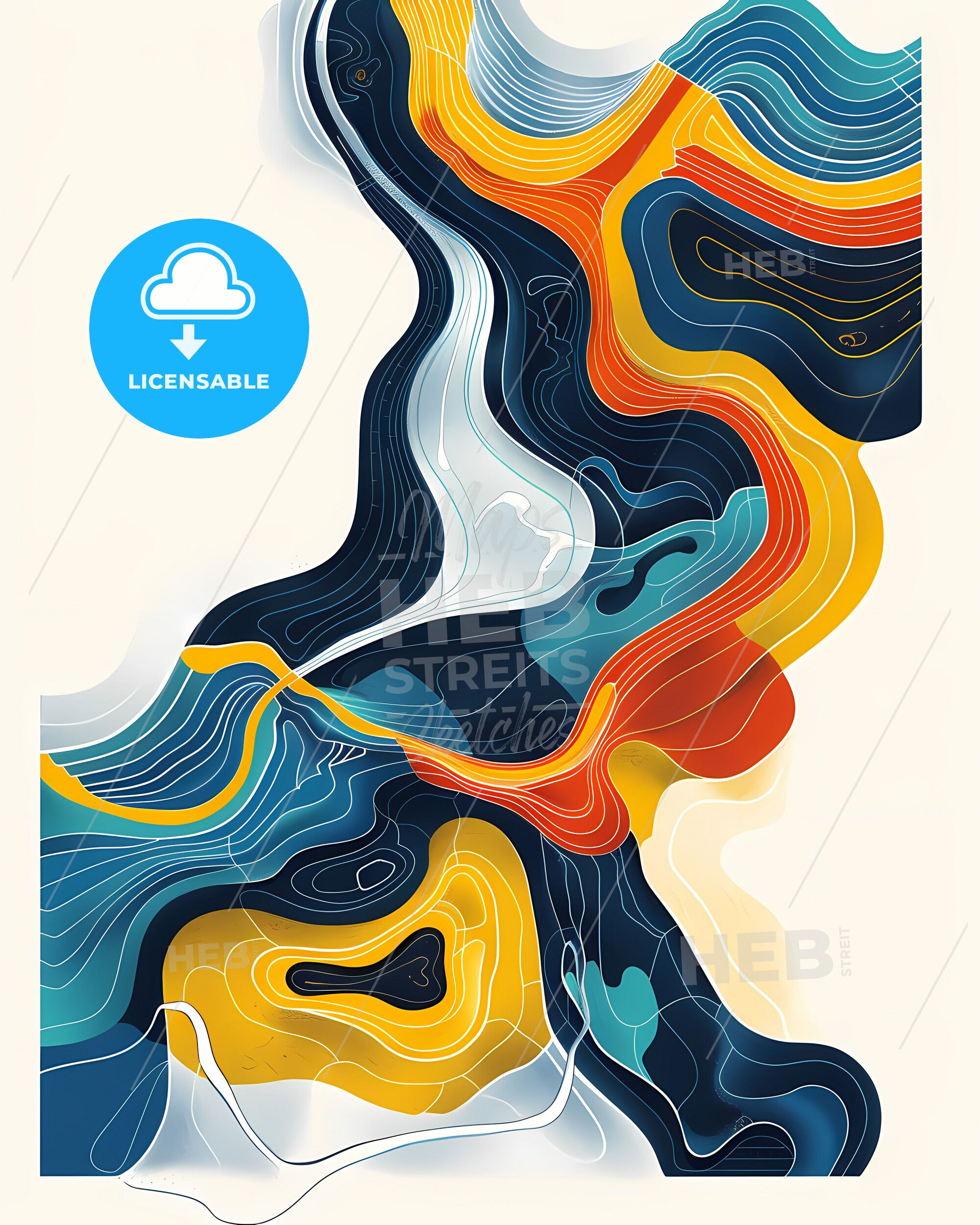 Modern Digital Art: Colorful Map Lines Painting - HEBSTREITS Stock Image