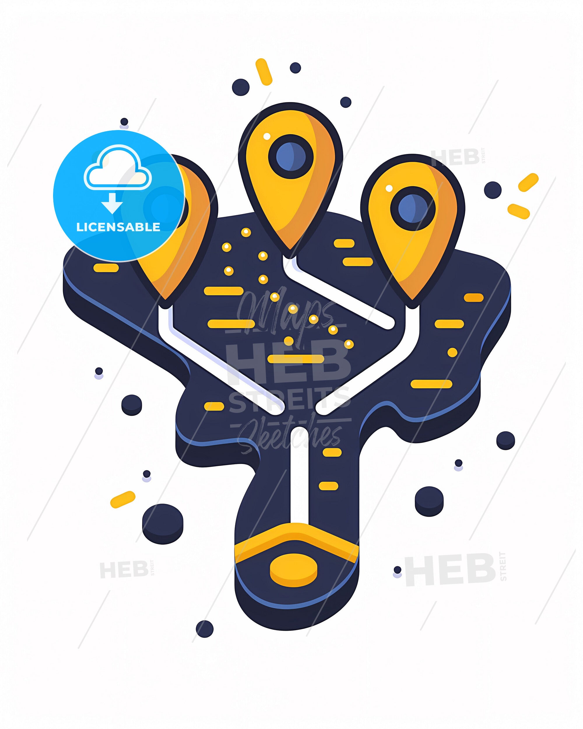 Vibrant Yellow Birds Eye View: Minimalist Map Markers with Dash Line ...