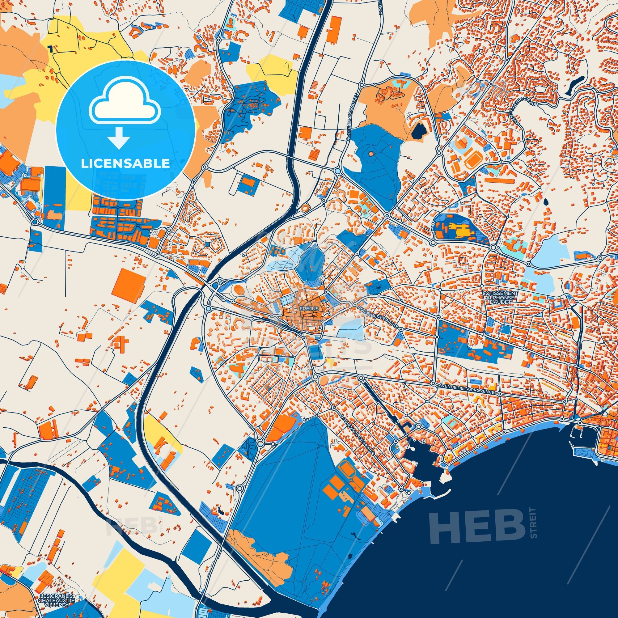 Colorful Fréjus Street Map With Labels And Buildings – HEBSTREITS