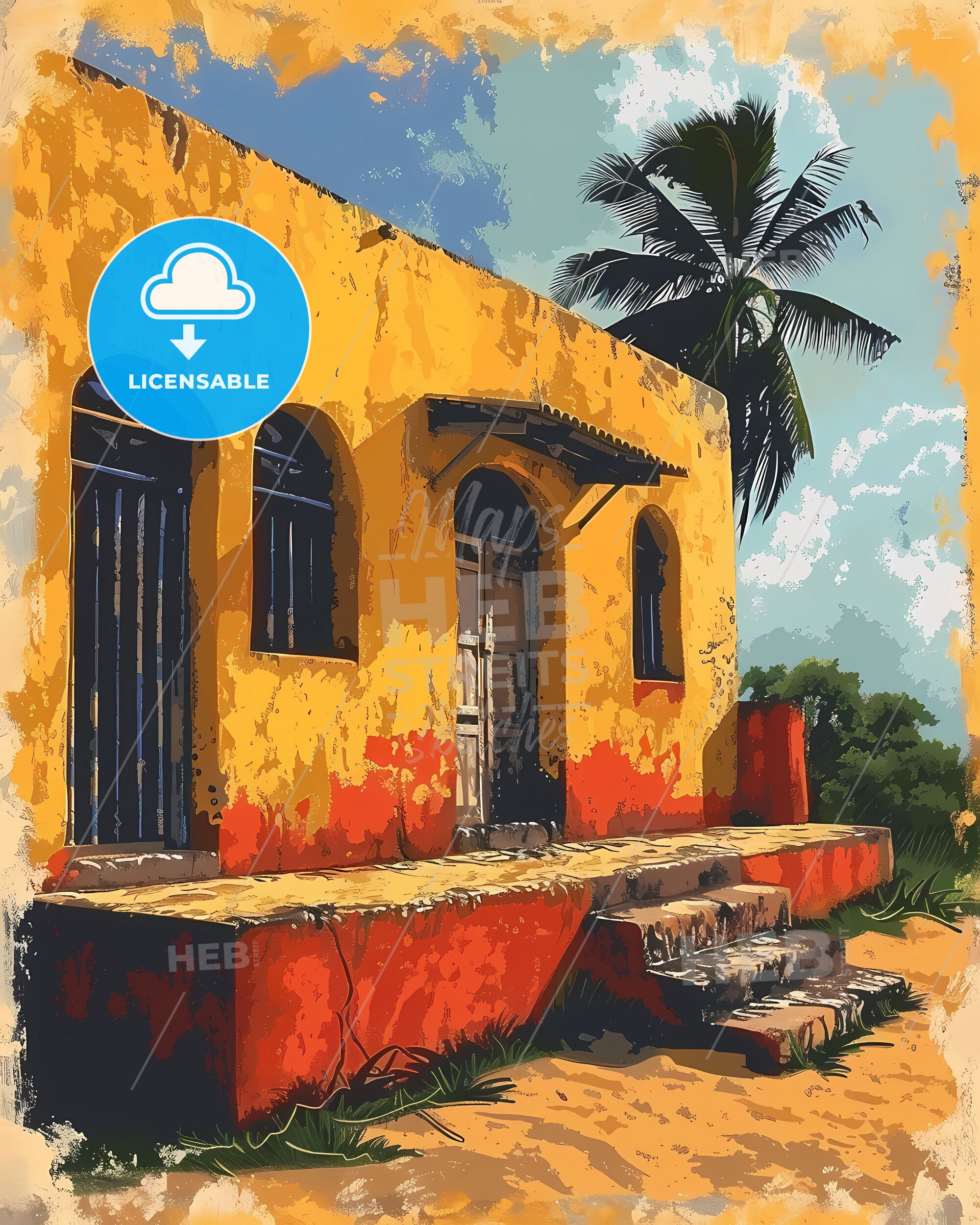 Gabon, Africa - Vibrant Painting Of Yellow Building And Palm Tree, Art ...