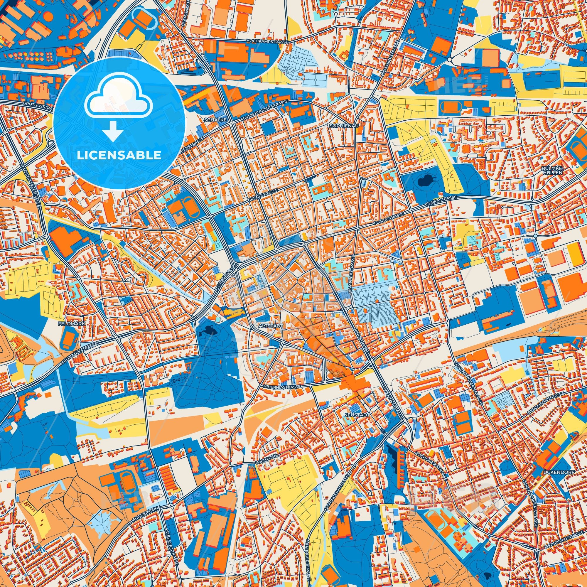 Colorful Gelsenkirchen Street Map With Labels And Buildings – HEBSTREITS