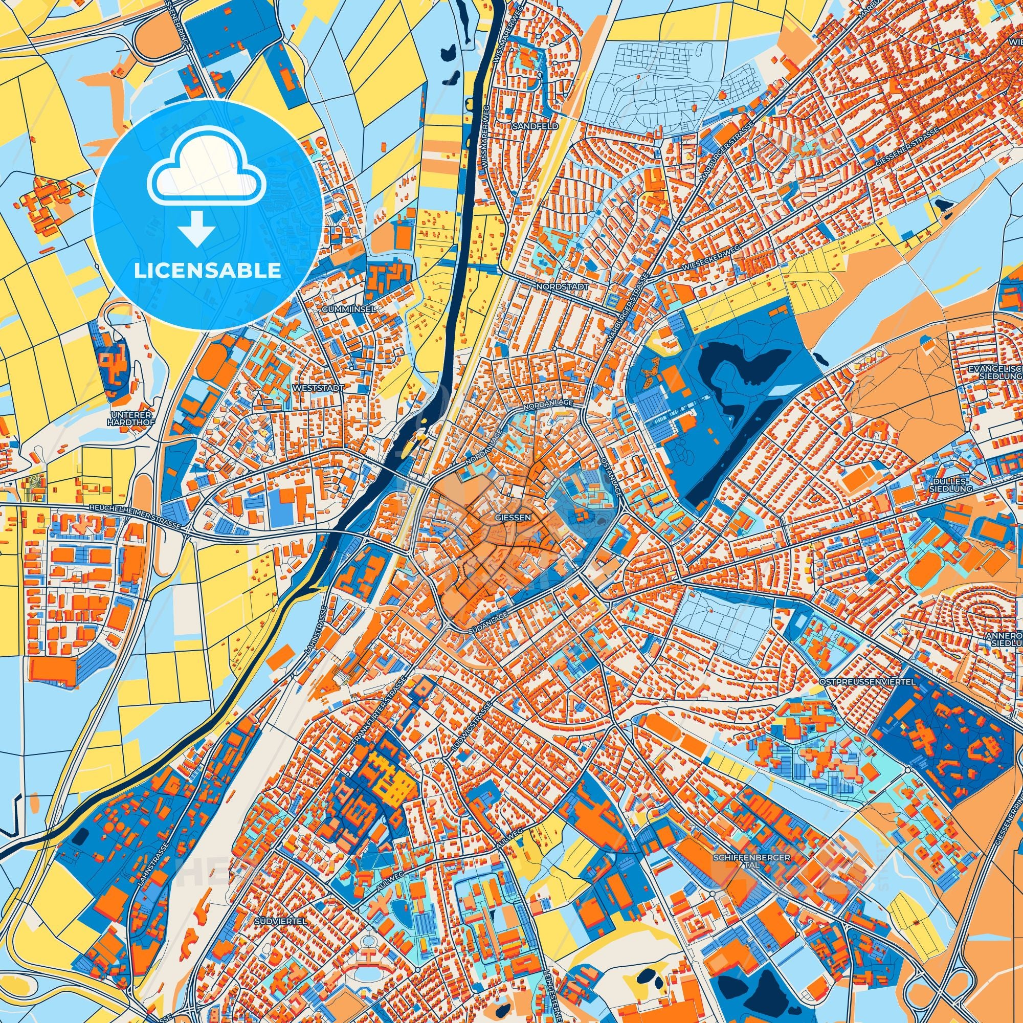 Colorful Gießen Street Map With Labels And Buildings – HEBSTREITS