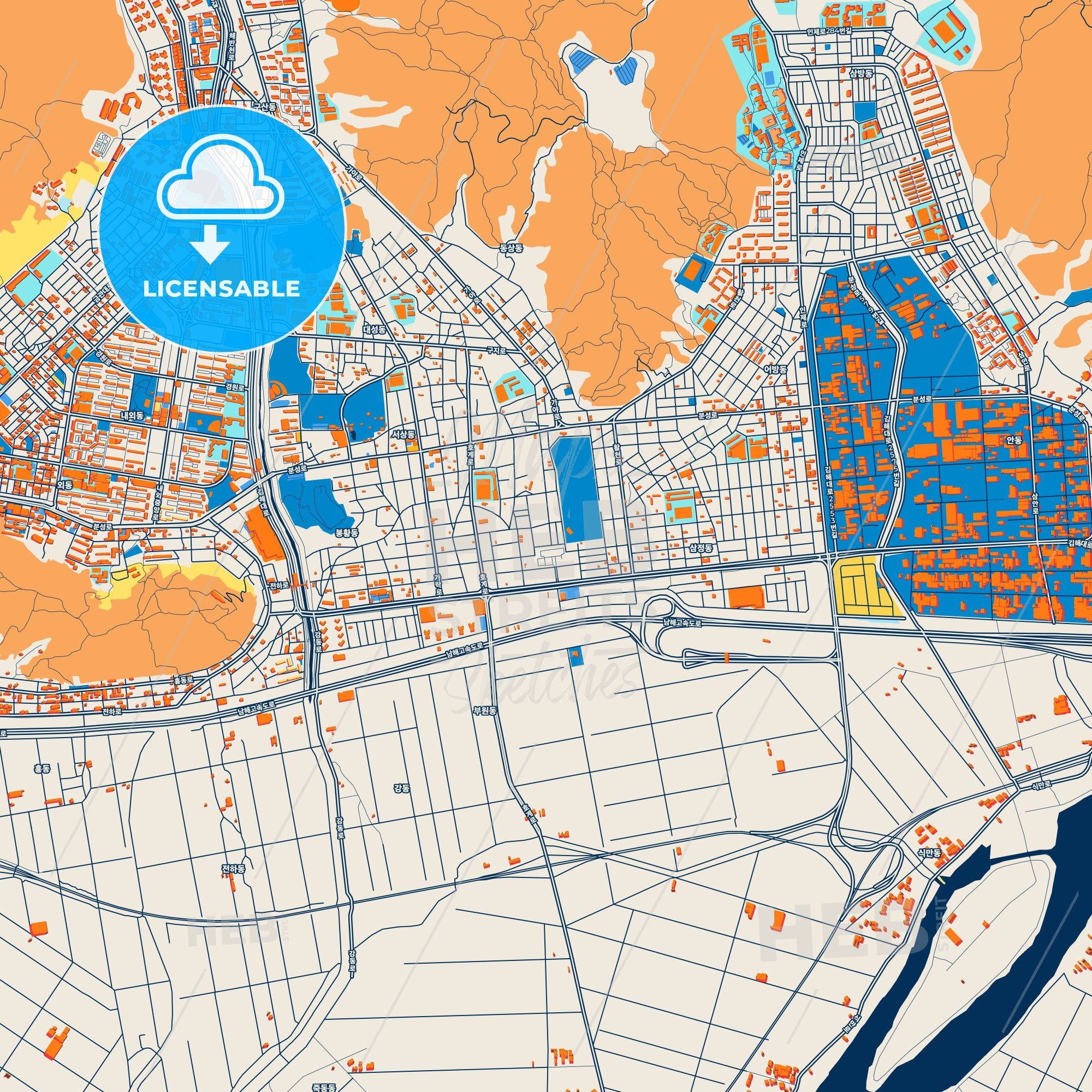 Colorful Gimhae Street Map With Labels And Buildings – HEBSTREITS