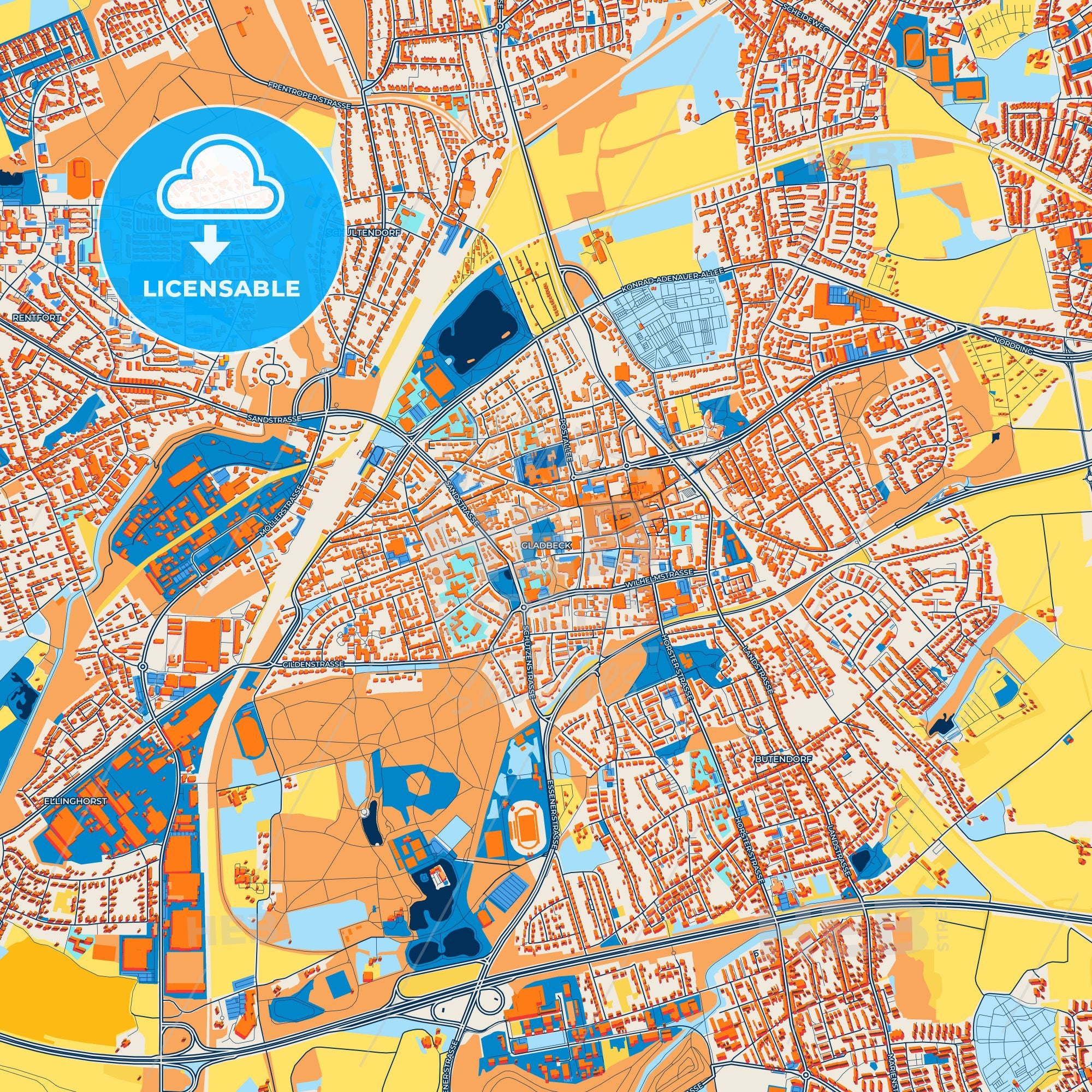 Colorful Gladbeck Street Map With Labels And Buildings – HEBSTREITS