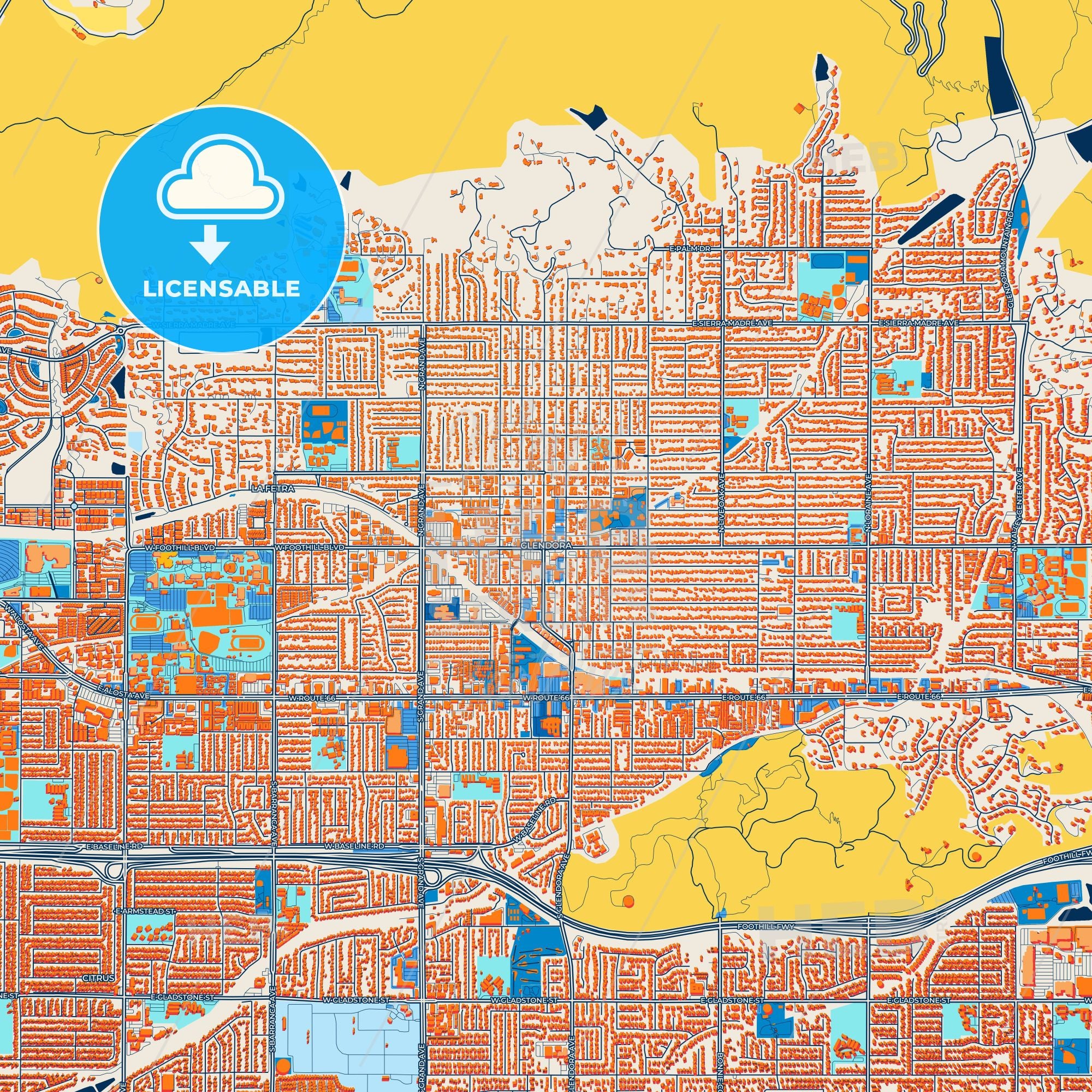 Colorful Glendora Street Map With Labels And Buildings – HEBSTREITS