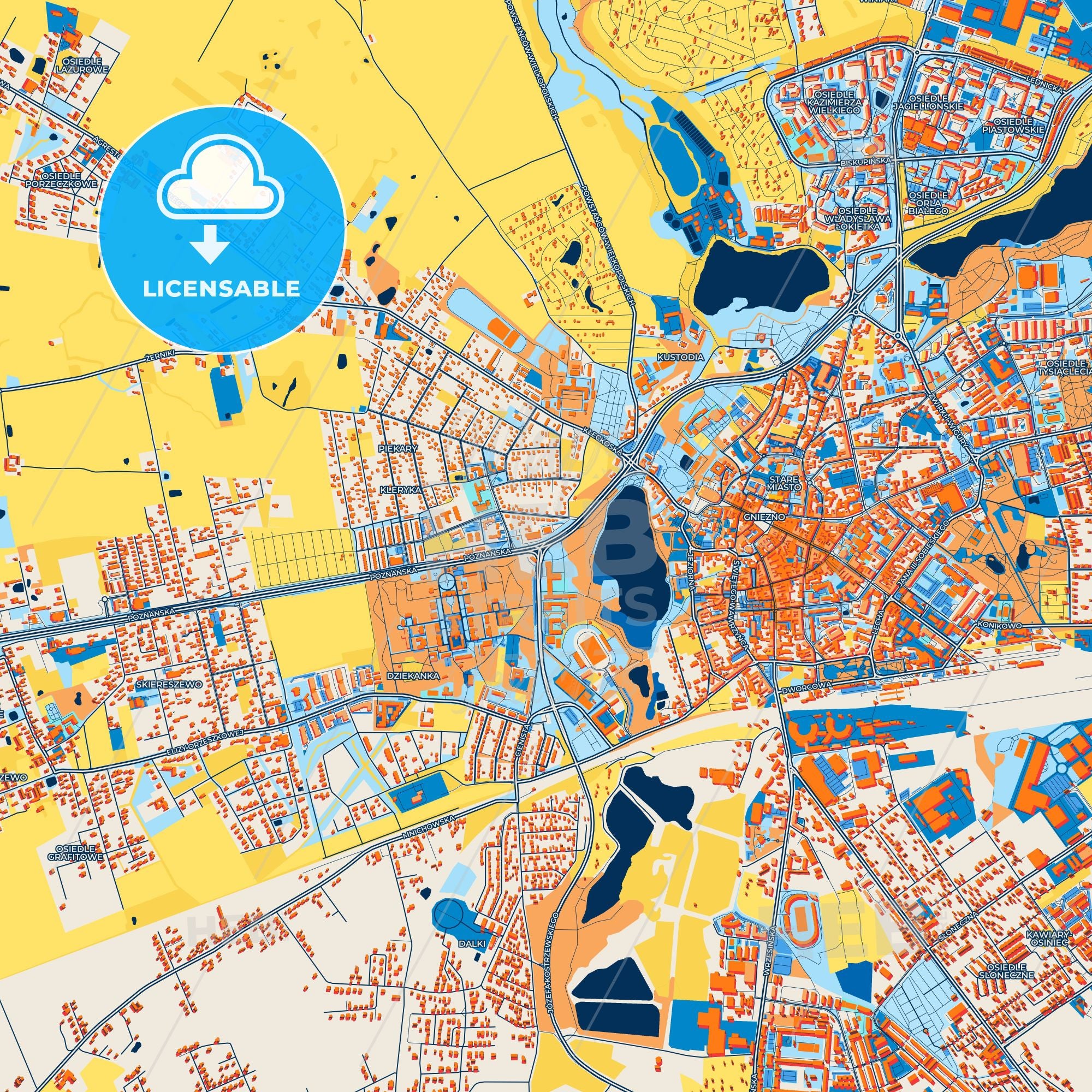 Colorful Gniezno Street Map With Labels And Buildings – HEBSTREITS