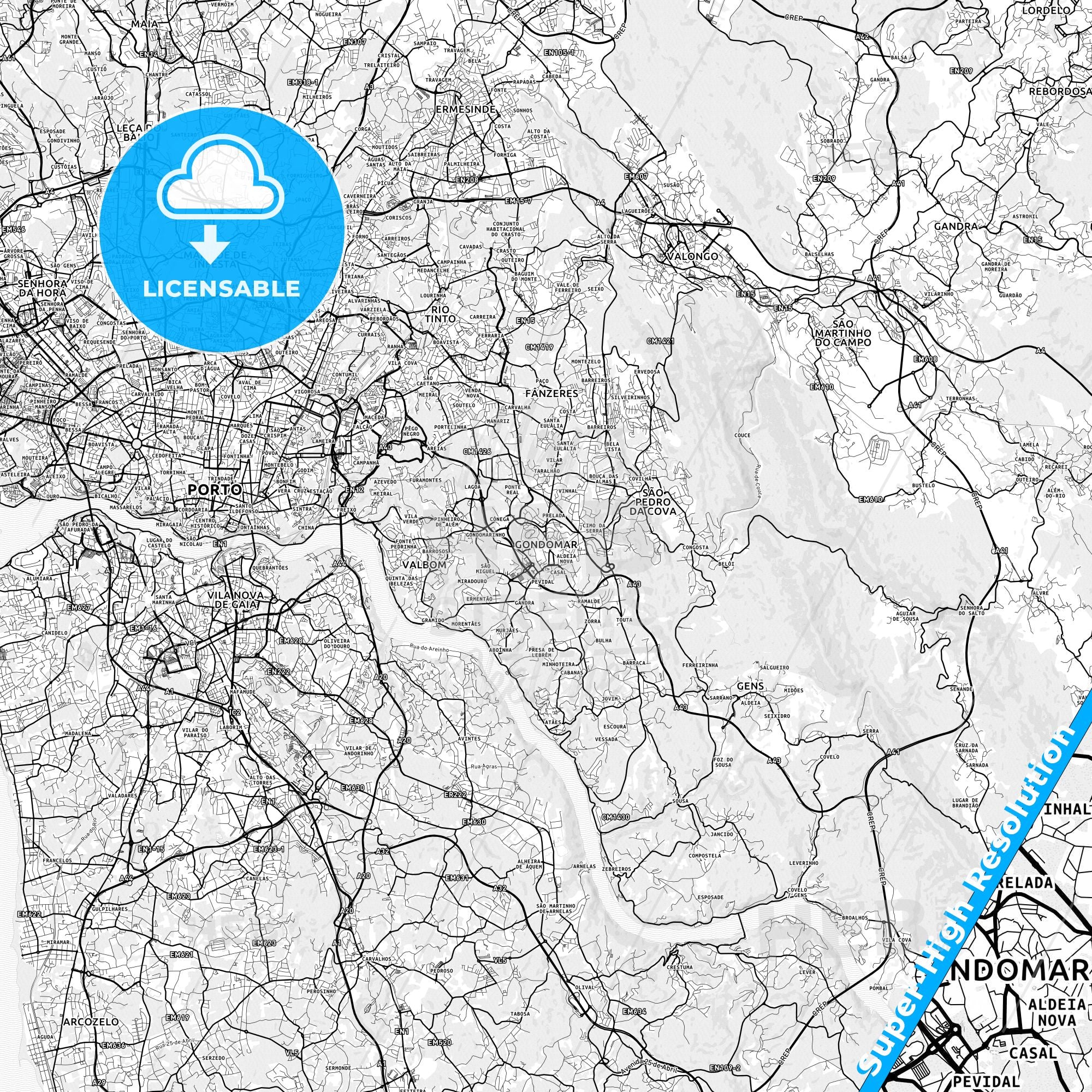 Gondomar, Portugal Light Map With Street Names, City Names, And ...