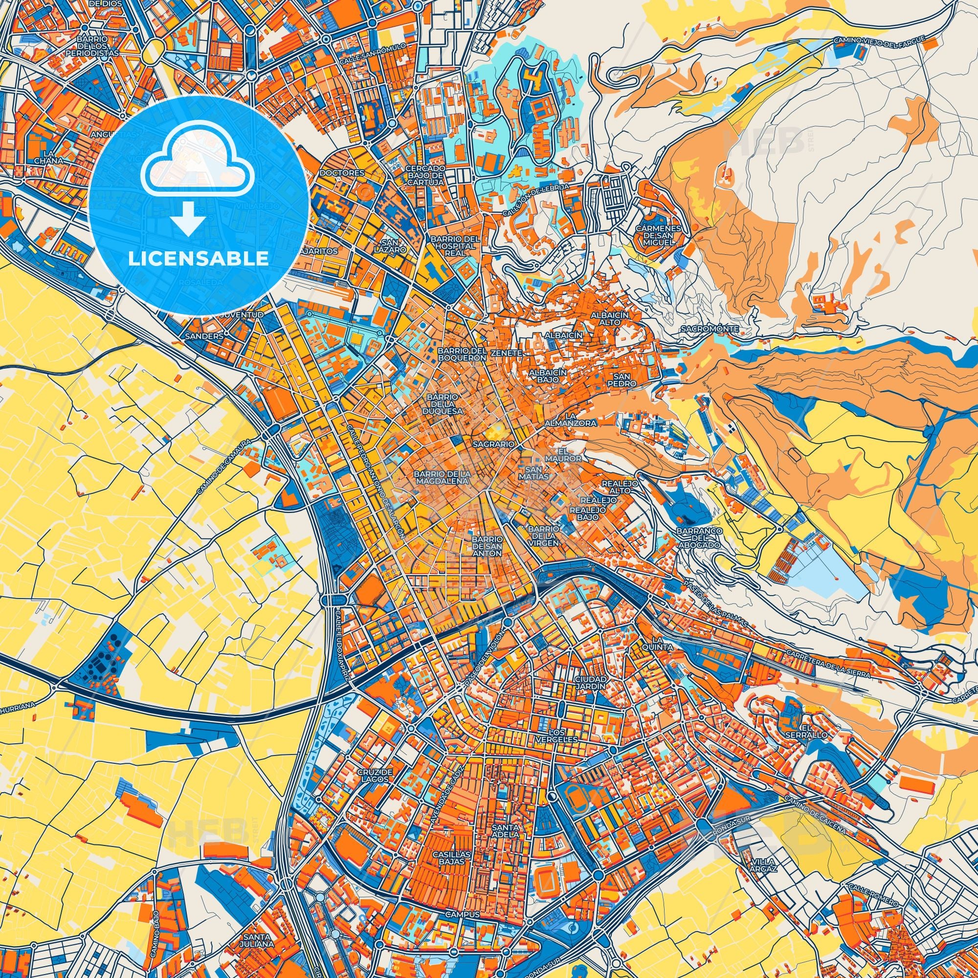Colorful Granada Street Map With Labels And Buildings – HEBSTREITS