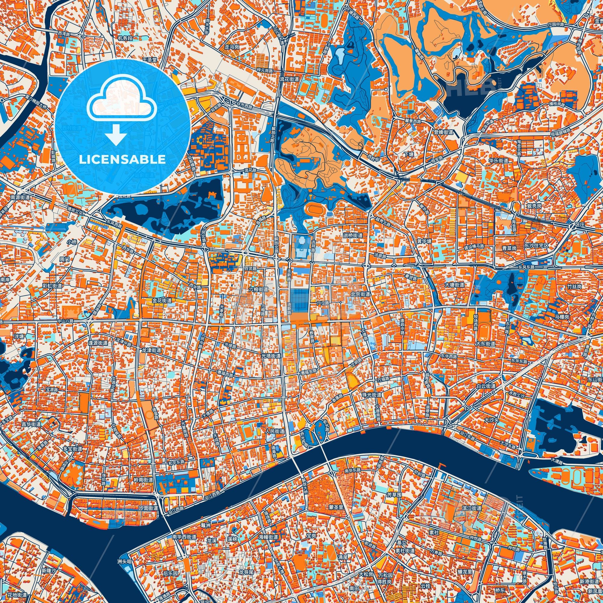 Colorful Guangzhou Street Map With Labels And Buildings – HEBSTREITS