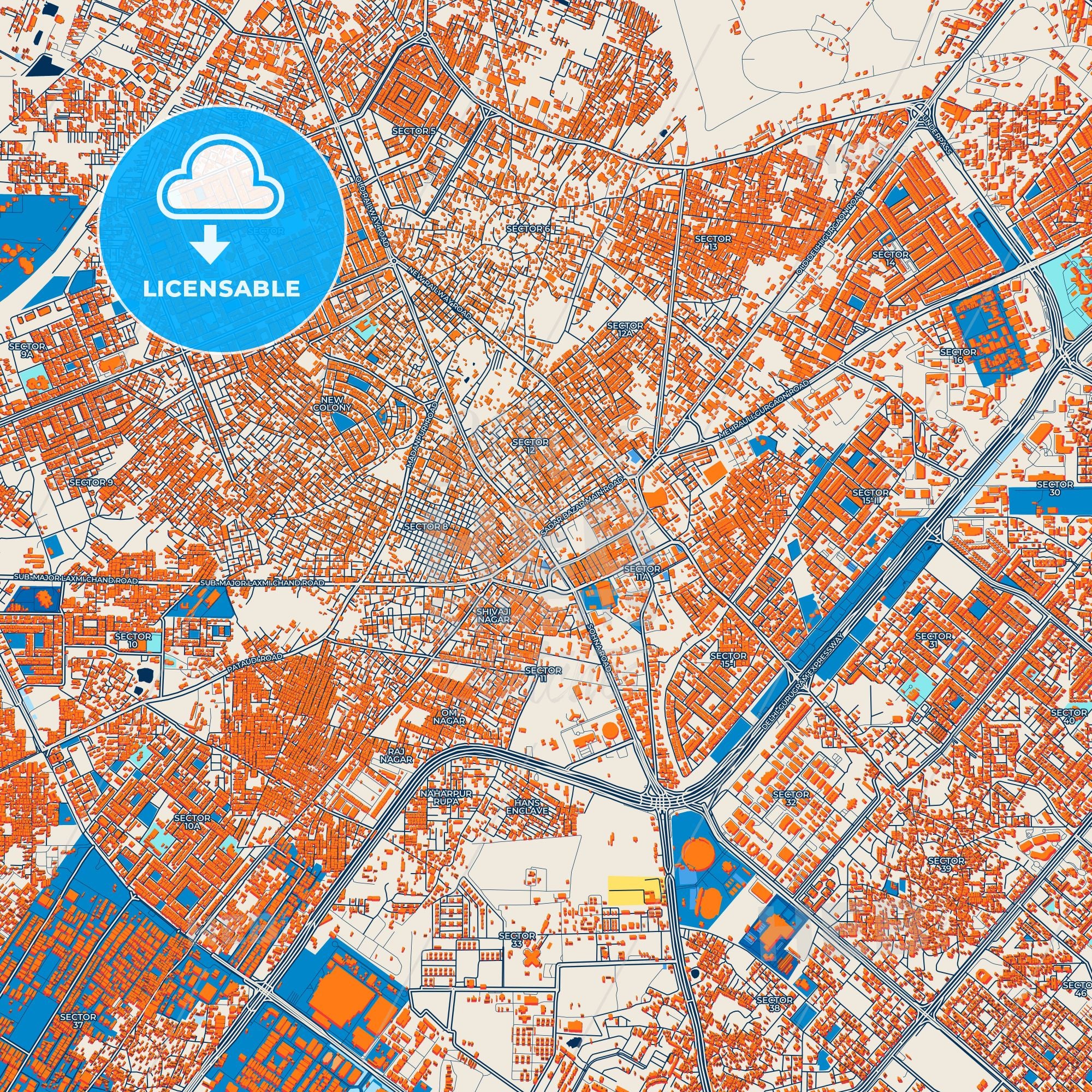 Colorful Gurgaon Street Map With Labels And Buildings – HEBSTREITS