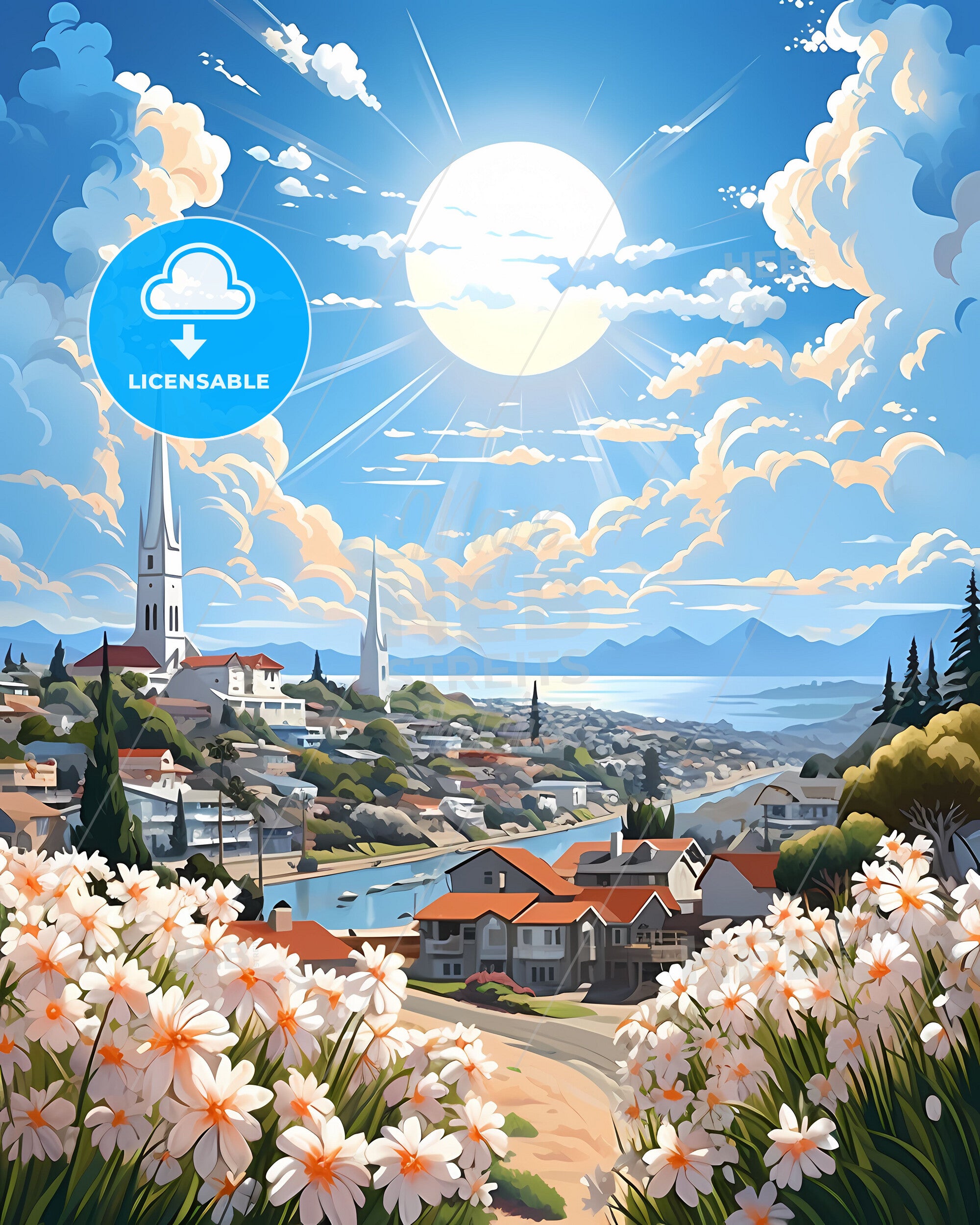 Vibrant Art Landscape of Hadera Skyline with Flowers and River ...