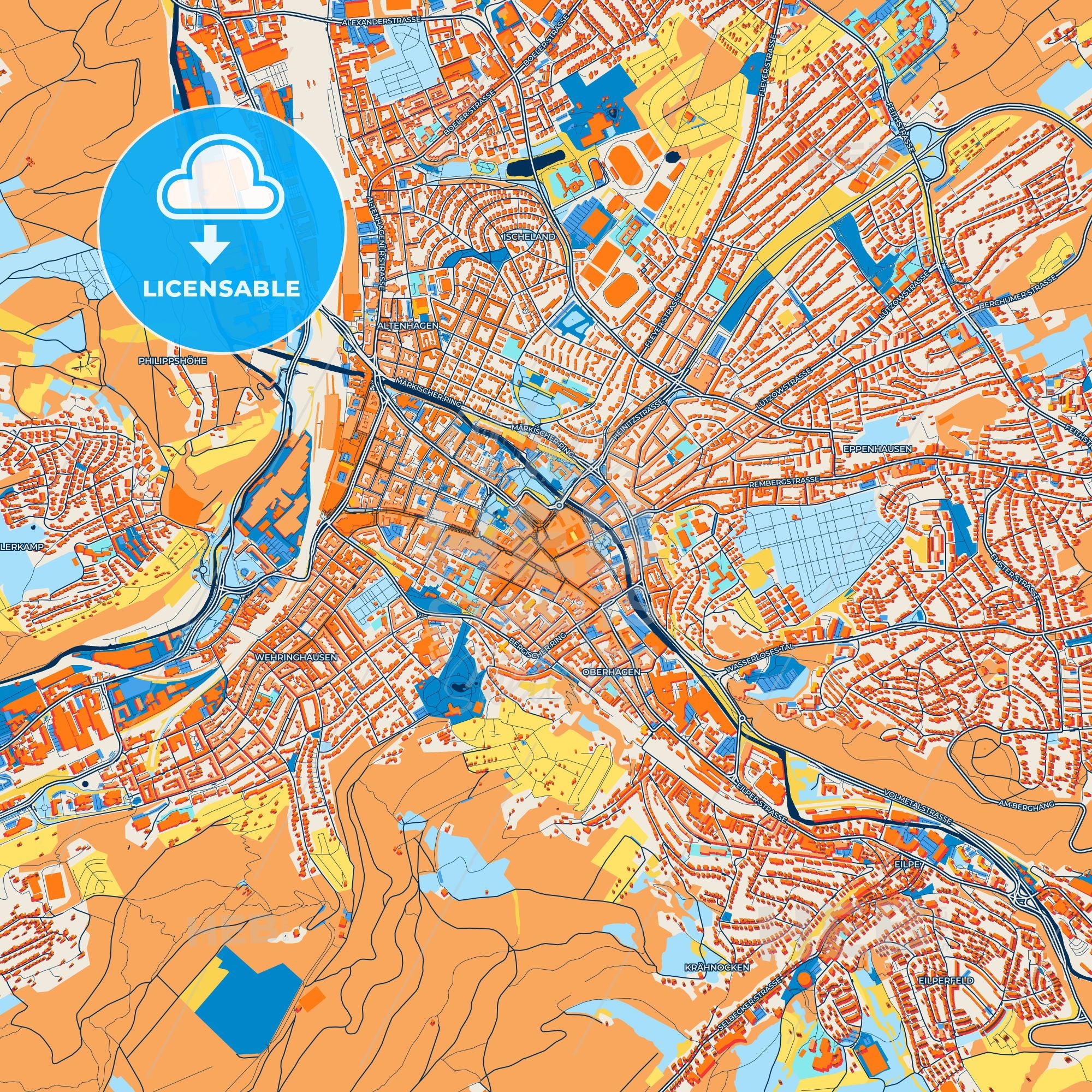 Colorful Hagen Street Map With Labels And Buildings – HEBSTREITS